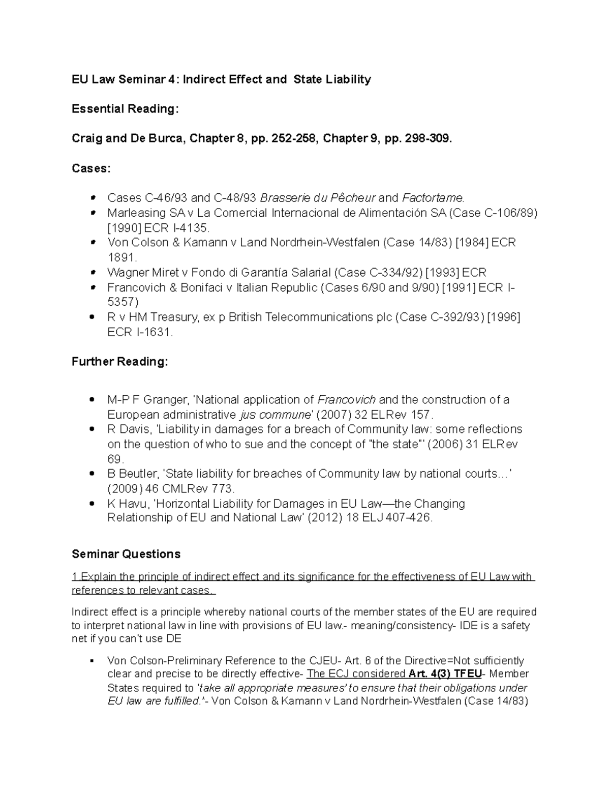 Eu Law Seminar 4 Indirect Effect And State Liability Eu Law Seminar 4 Indirect Effect And