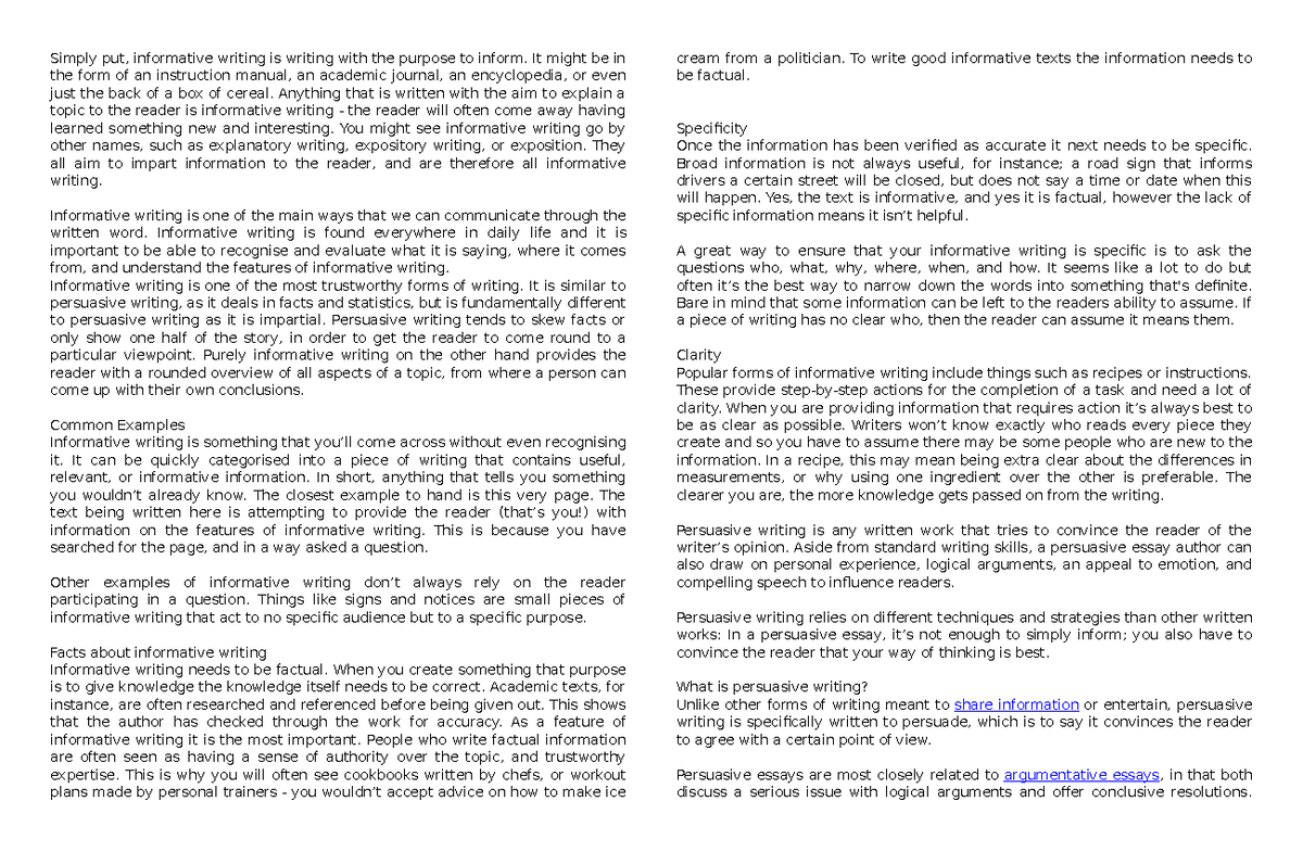 Informative AND Persuasive Writing - Simply put, informative writing is ...