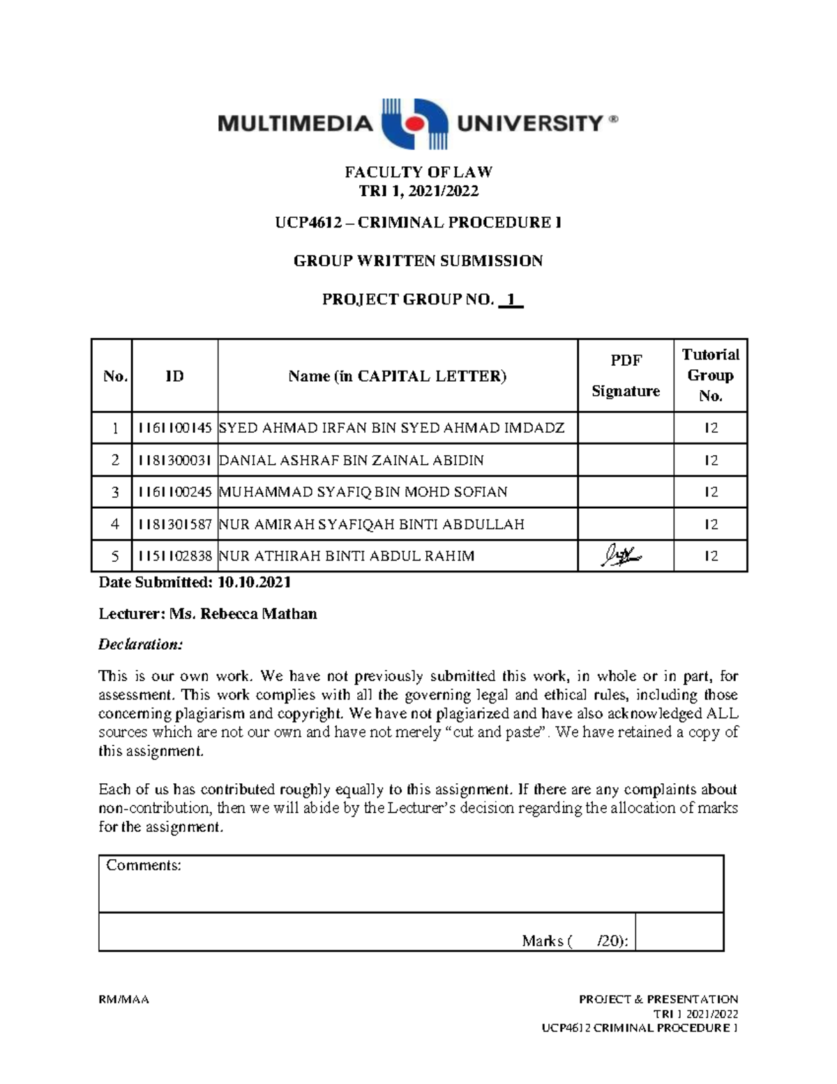 cover page assignment - FACULTY OF LAW TRI 1, 2021/ UCP4612 – CRIMINAL ...