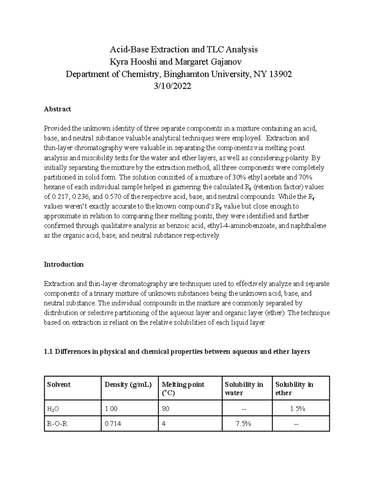 Acid-Base Extraction and TLC Analysis Report - Acid-Base Extraction and ...