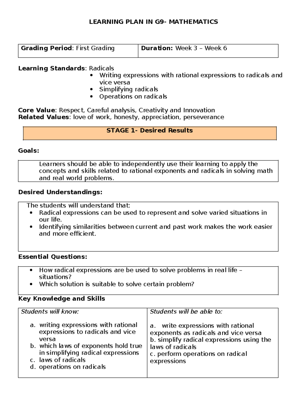 1ST LP 3-6 - Learning Plan - ####### LEARNING PLAN IN G9- MATHEMATICS ####### Grading Period ...