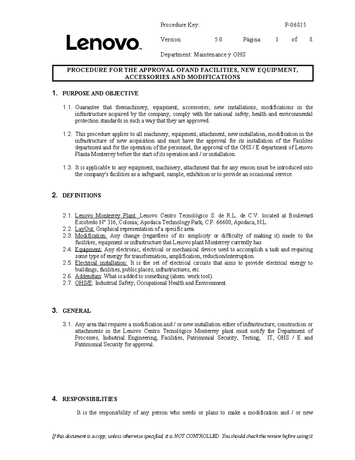 Procedure to approve new facilities instlation , modification and ...