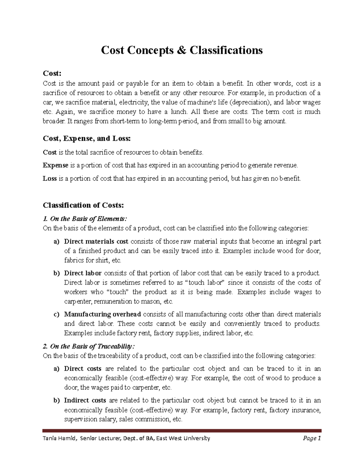 Chapter#2 - ssfdsgdgdgetgvdv - Cost Concepts & Classifications Cost ...