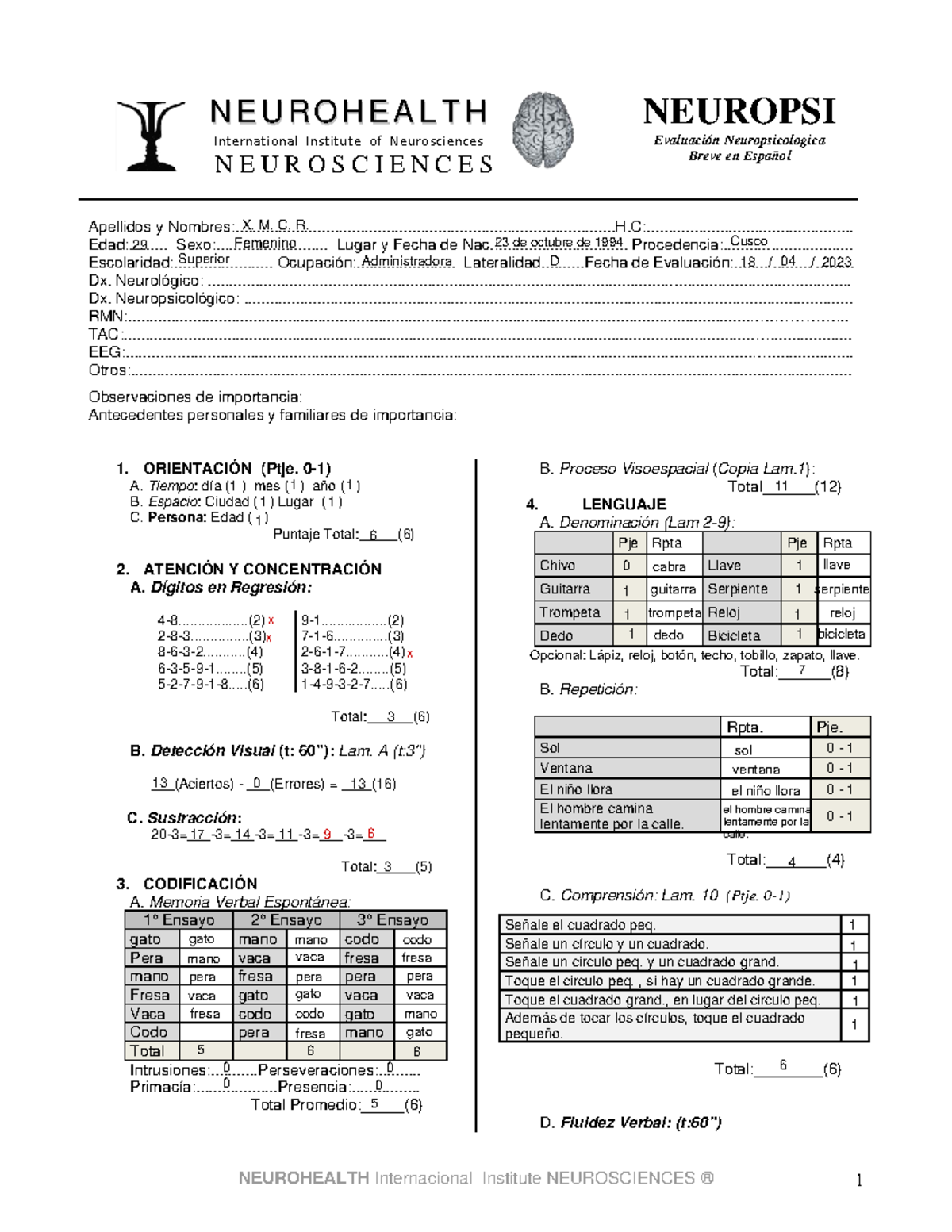 Evaluación Neuropsi Breve - NEUROHEALTH Internacional Institute ...