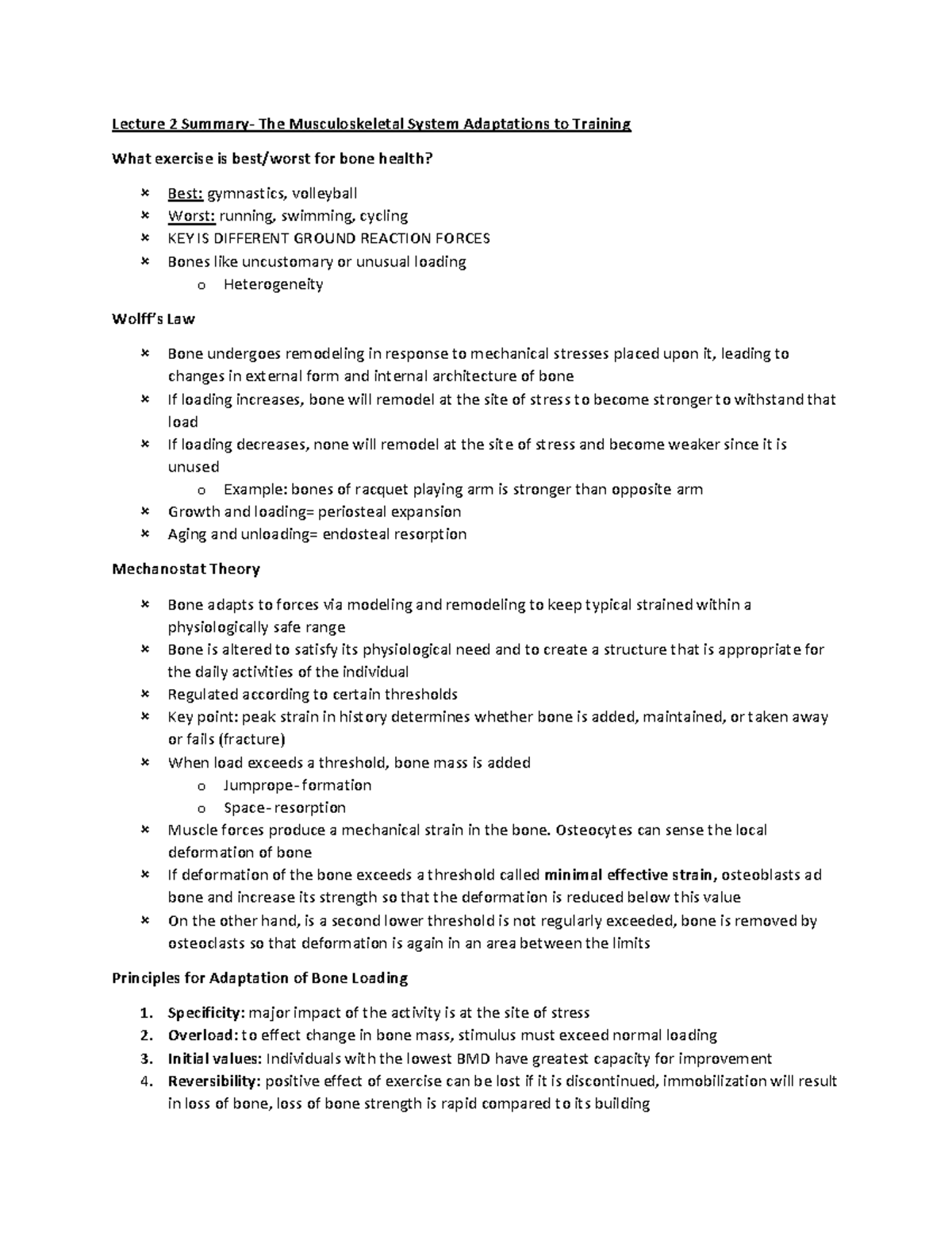 Kines lecture 2 summary - Lecture 2 Summary- The Musculoskeletal System Adaptations to Training ...