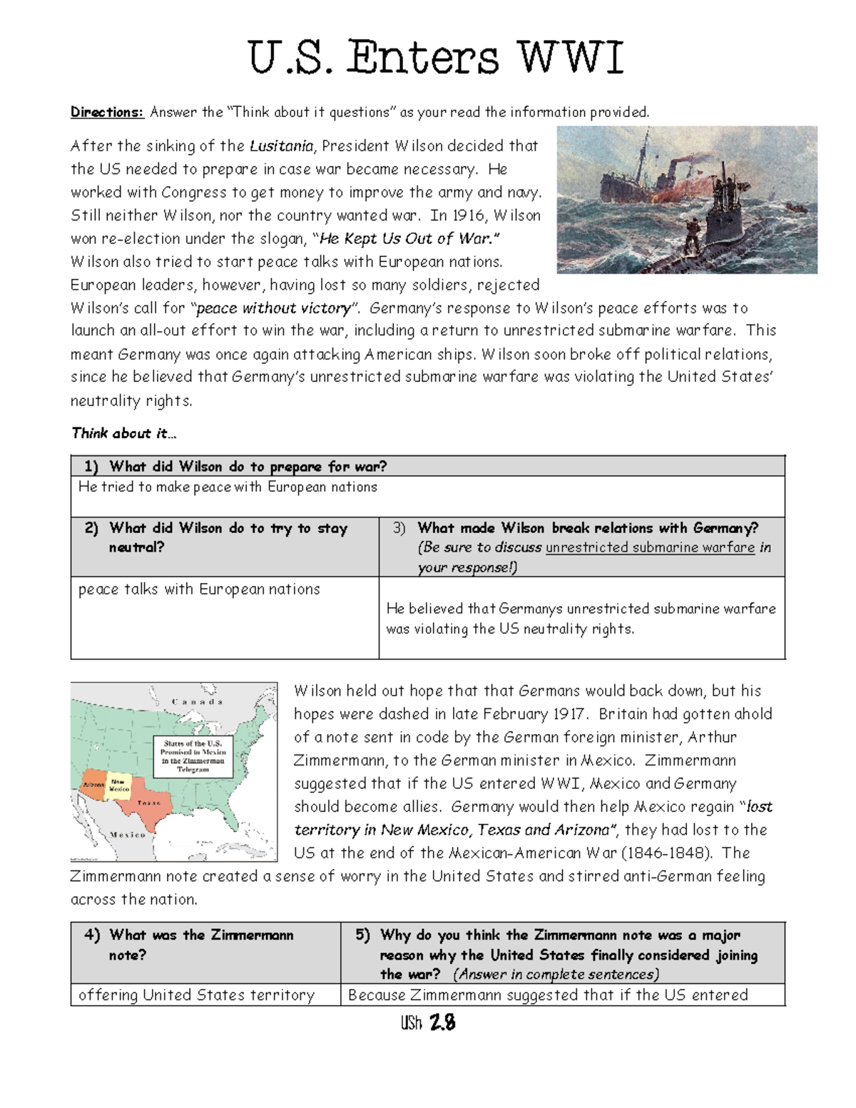 244888888888888 - U. Enters WWI Directions: Answer the “Think about it ...
