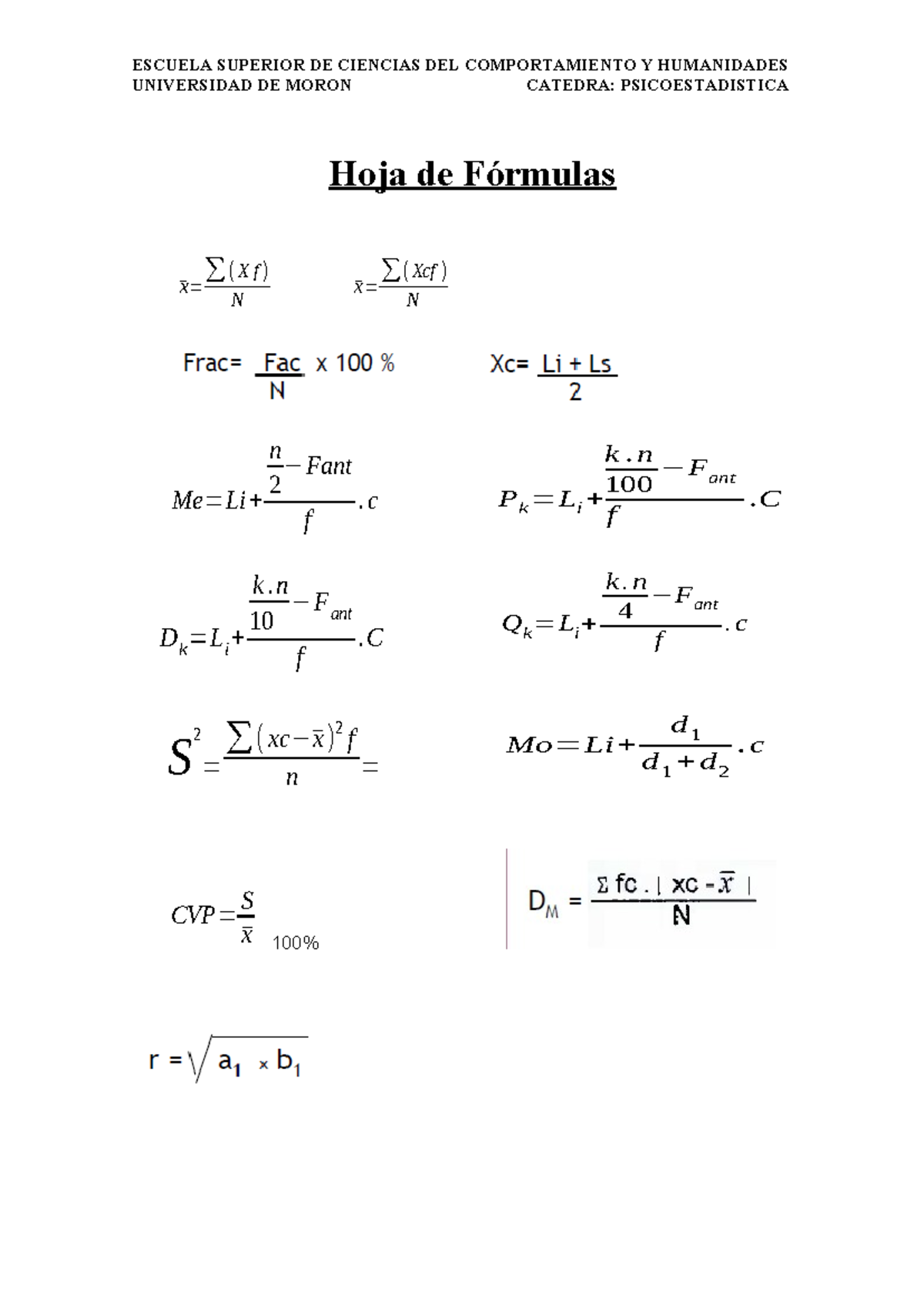 Hoja de Formulas final - ESCUELA SUPERIOR DE CIENCIAS DEL ...