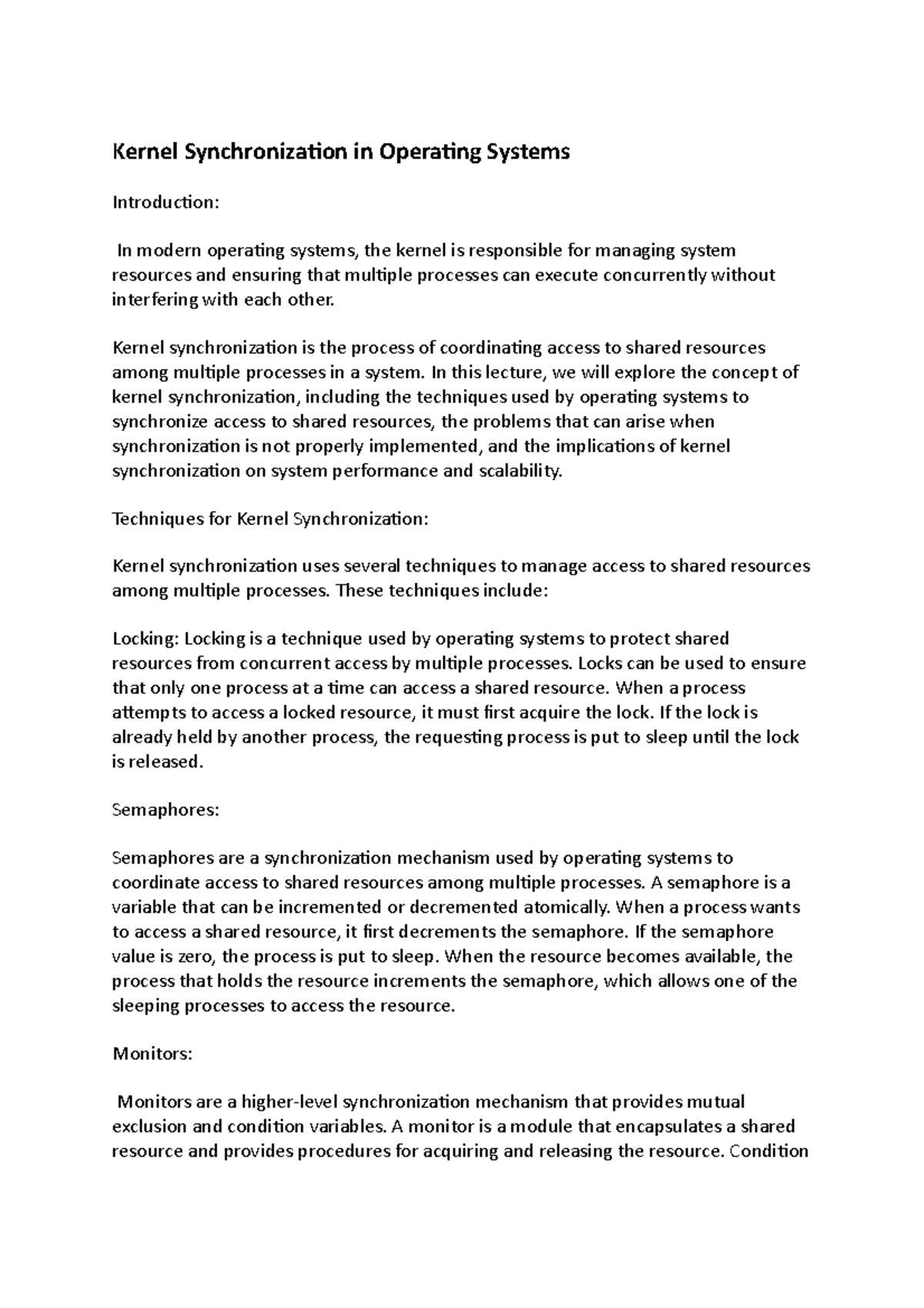 Kernel Synchronization In Operating Systems Kernel Synchronization In