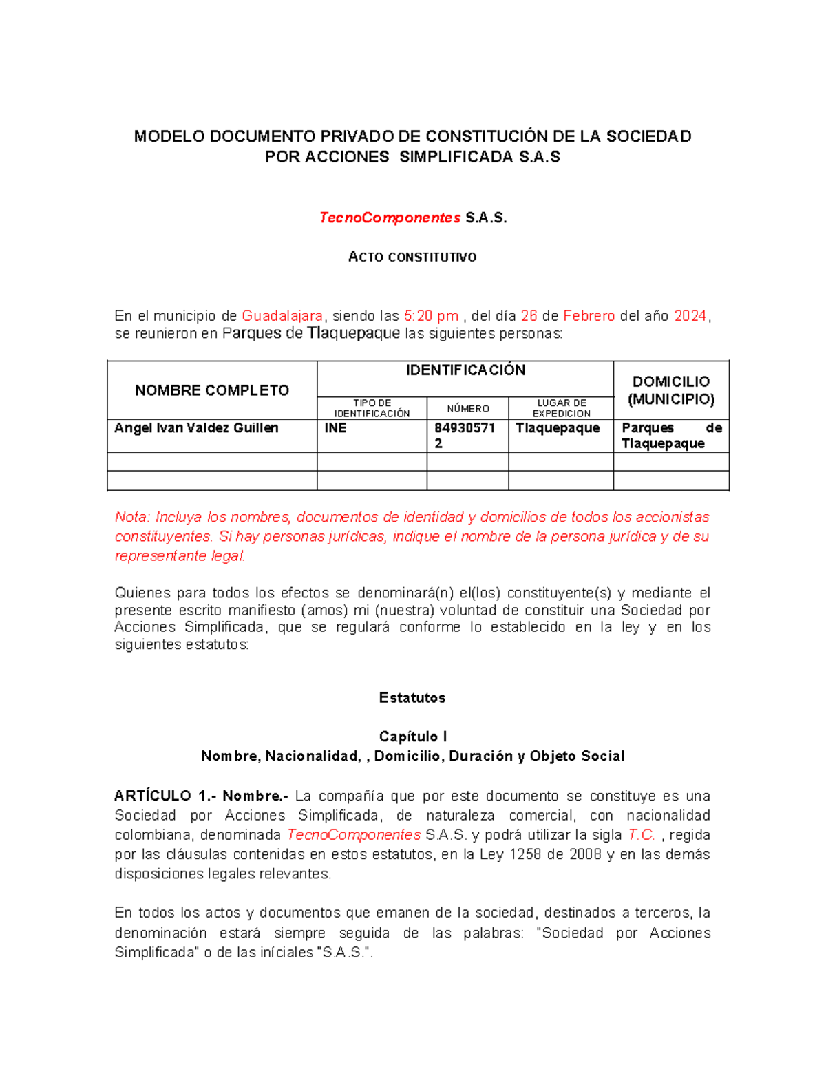 Constitucion de sociedad SAS Angel Valdez - MODELO DOCUMENTO PRIVADO DE CONSTITUCIÓN DE LA ...
