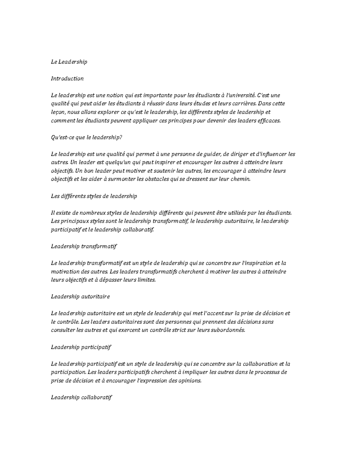 Leadership Study Notes - Le Leadership Introduction Le leadership est ...