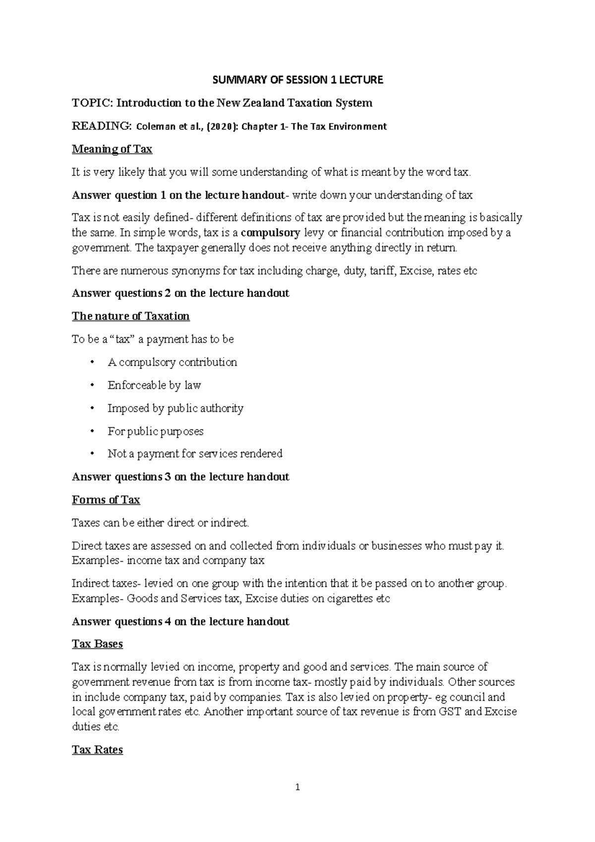 Session 1 Lecture Summary - SUMMARY OF SESSION 1 LECTURE TOPIC ...