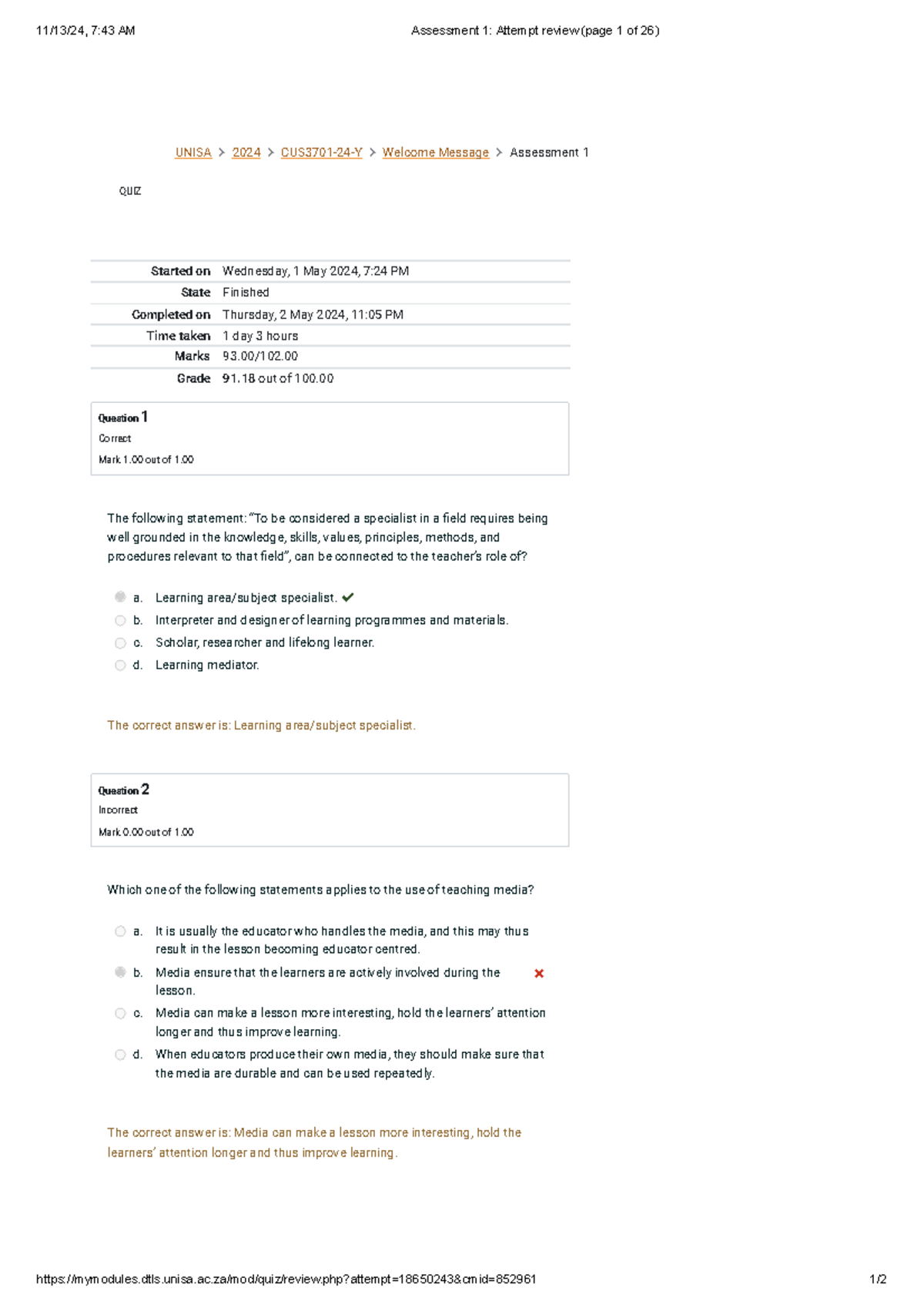CUS3701 Assessment 1 Attempt review (page 1 of 26) - UNISA 2024 CUS3701 ...