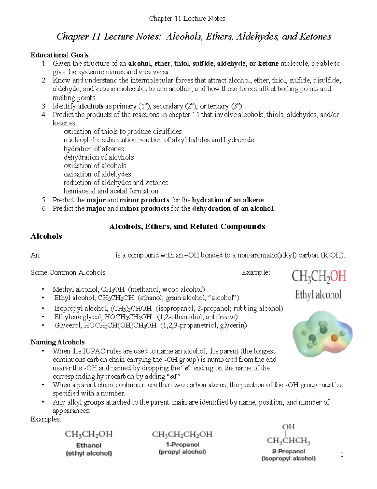 Lecture Notes - Alcohols, Ethers, Aldehydes, and Ketones - Chapter 11 ...
