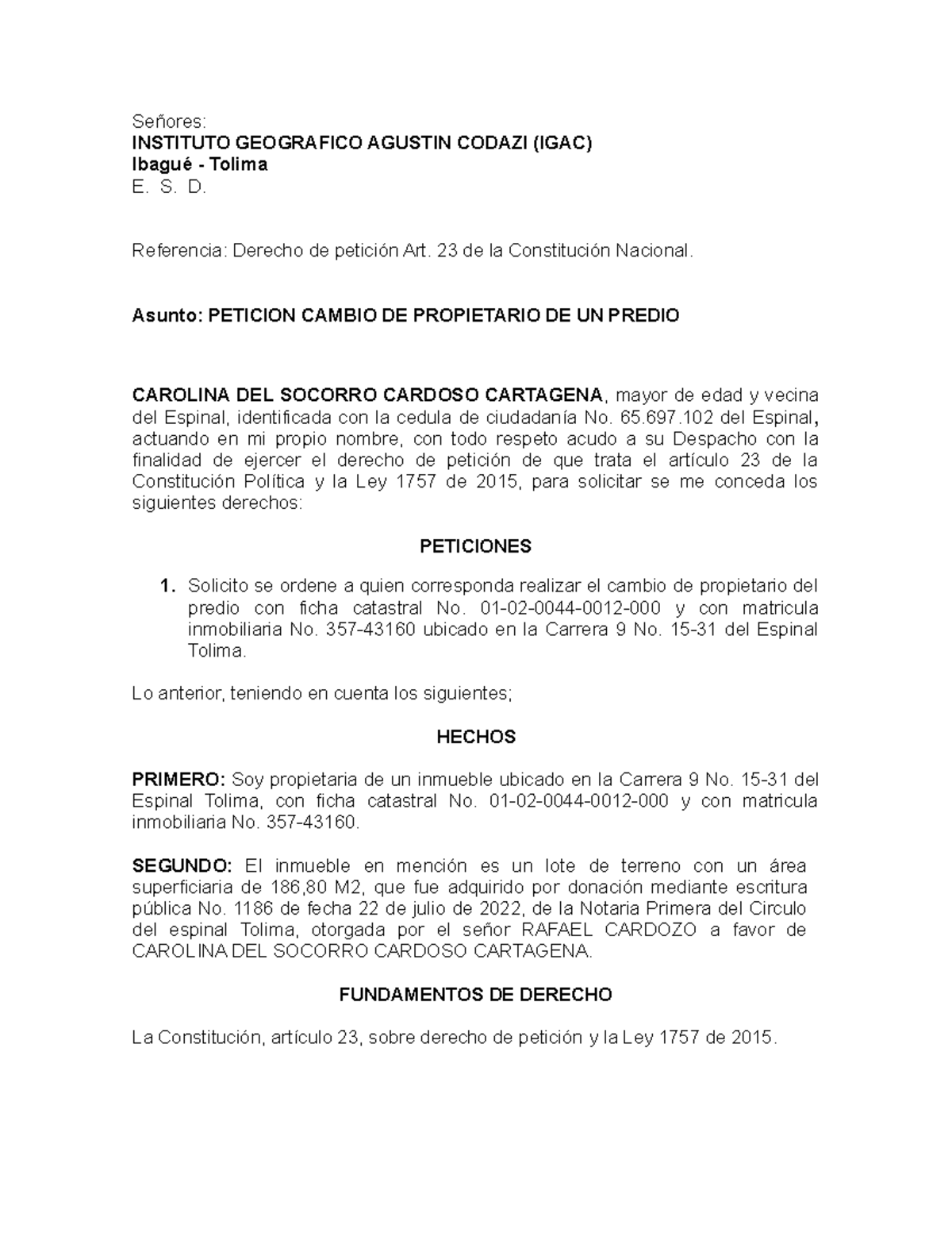 Derecho DE Peticion Cambio DE Propietario - Señores: INSTITUTO ... Derecho DE Peticion Cambio DE Propietario - Señores: INSTITUTO ...