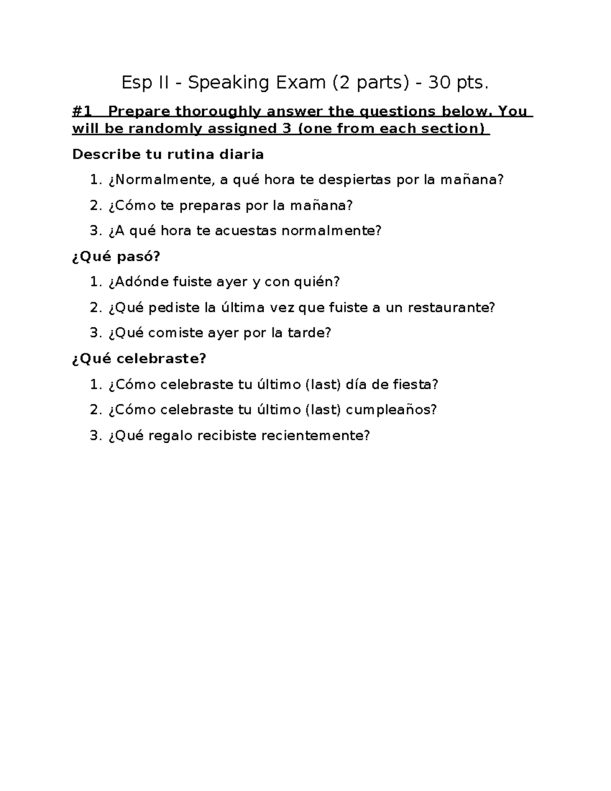 Speaking final 2023 - Esp II - Speaking Exam (2 parts) - 30 pts. #1 ...