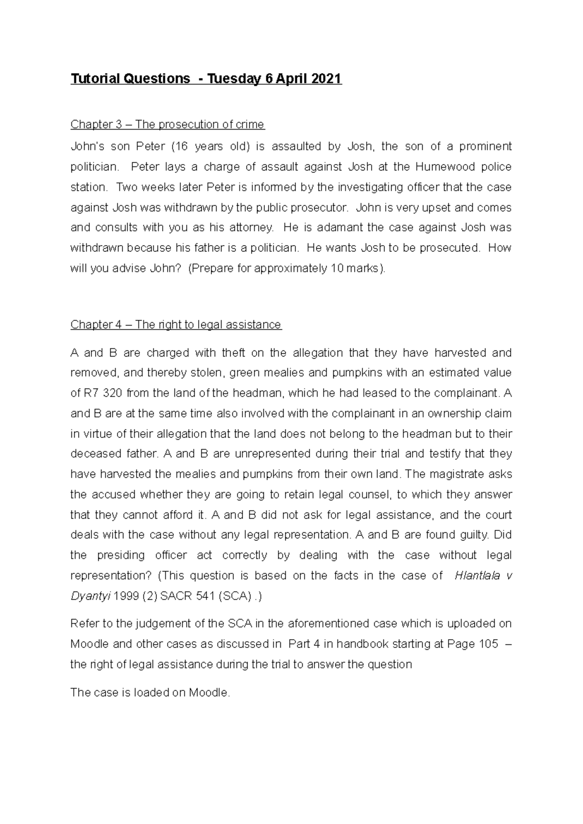 Tutorial Questions for Chapter 3 and Chapter 4 - Tutorial Questions ...