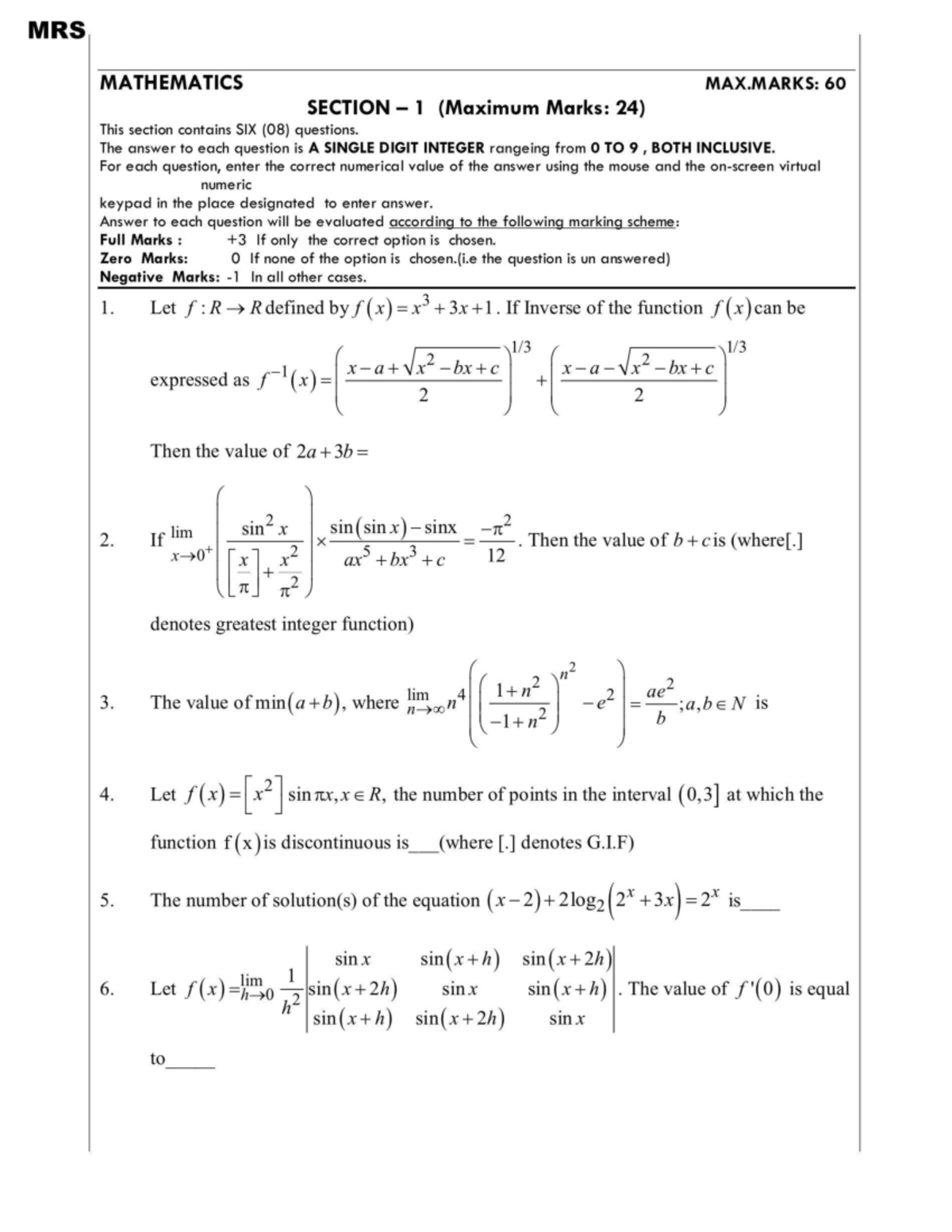 Differential calculus test 3 (MRS) - MRS MATHEMATICS MAX: 60 SECTION 1 ...