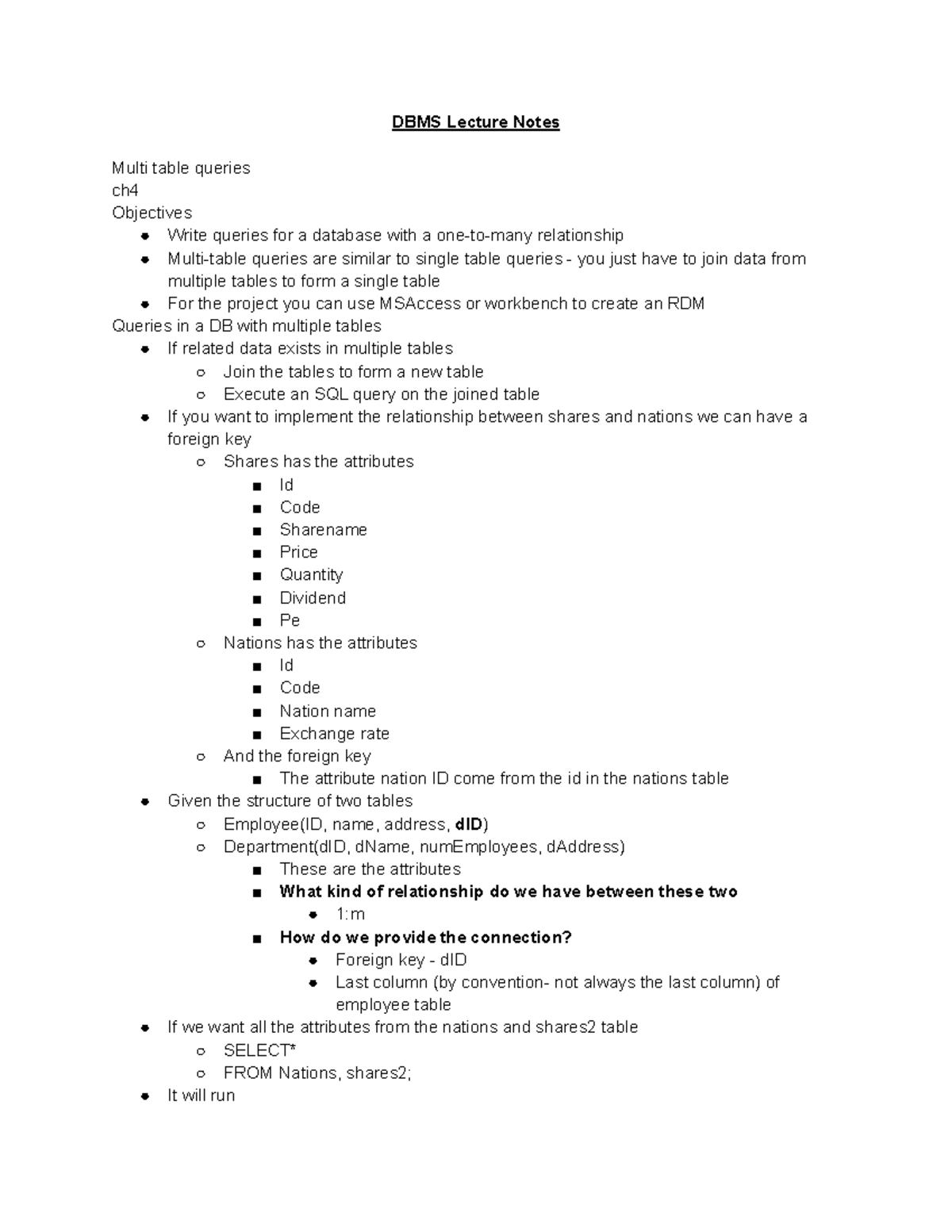 Dbms Lecture Notes Dbms Lecture Notes Multi Table Queries Ch Objectives Write Queries For A