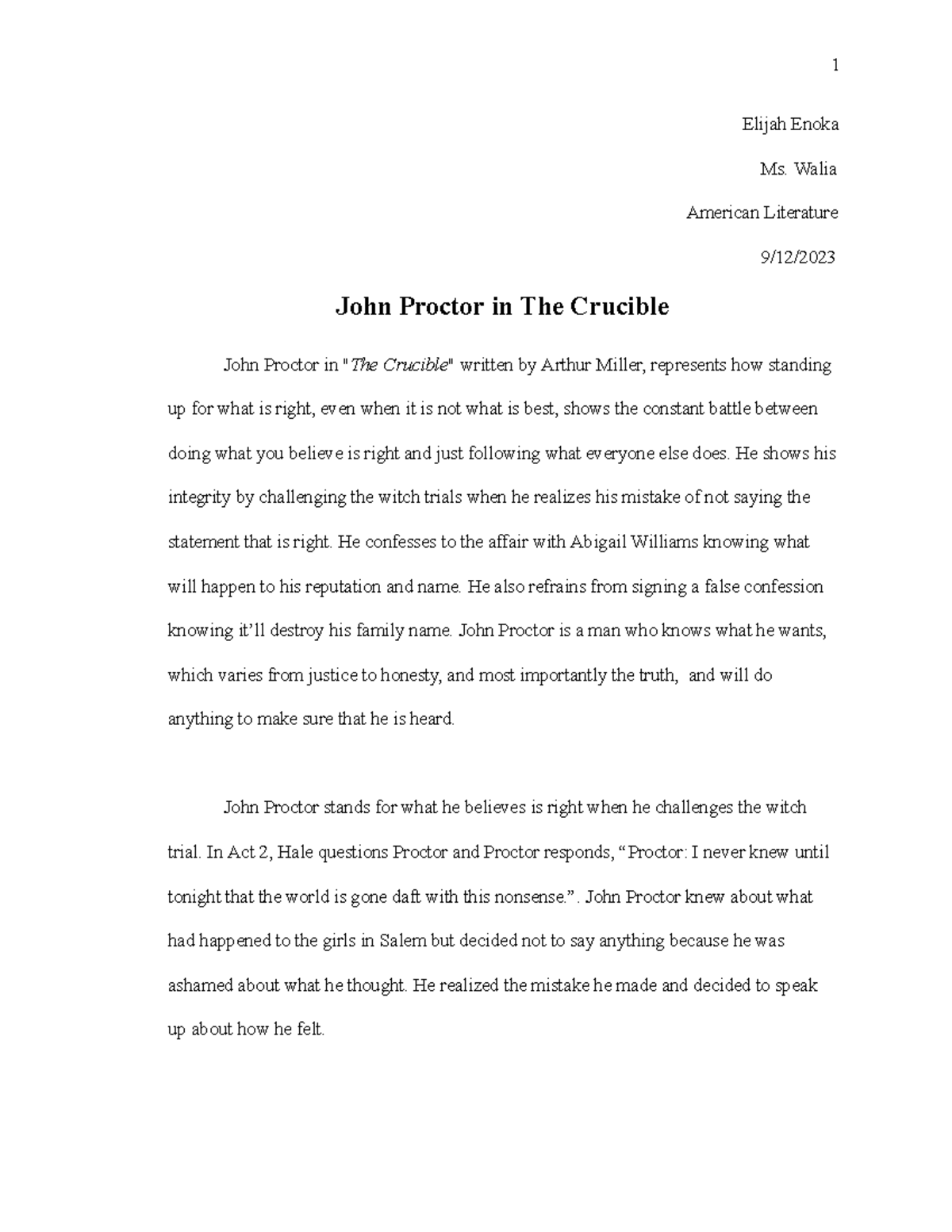 John Proctor Character analysis - 1 Elijah Enoka Ms. Walia American ...