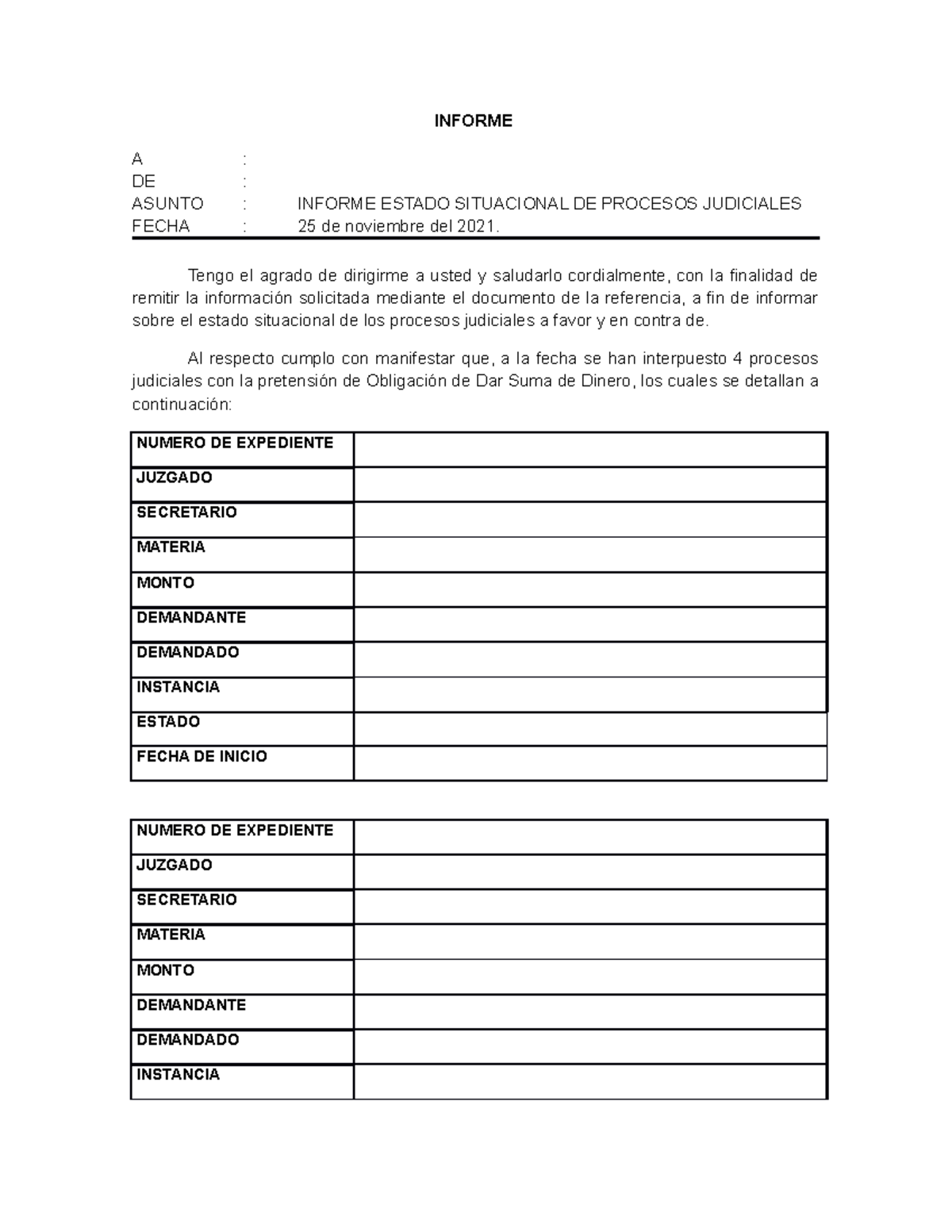 Informe de procesos judiciales en entidad financiera - INFORME A : DE : ASUNTO : INFORME ESTADO ...