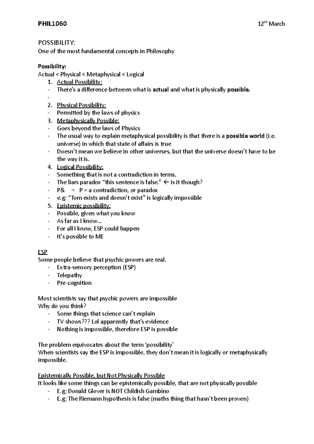 Possibility 2 - Lec notes - PHIL1060 12th March POSSIBILITY: One of the ...