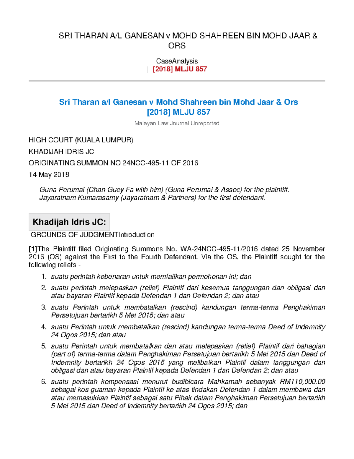 Sri Tharan a l Ganesan v Mohd Shahreen bin Mohd Jaar & - Law of ...