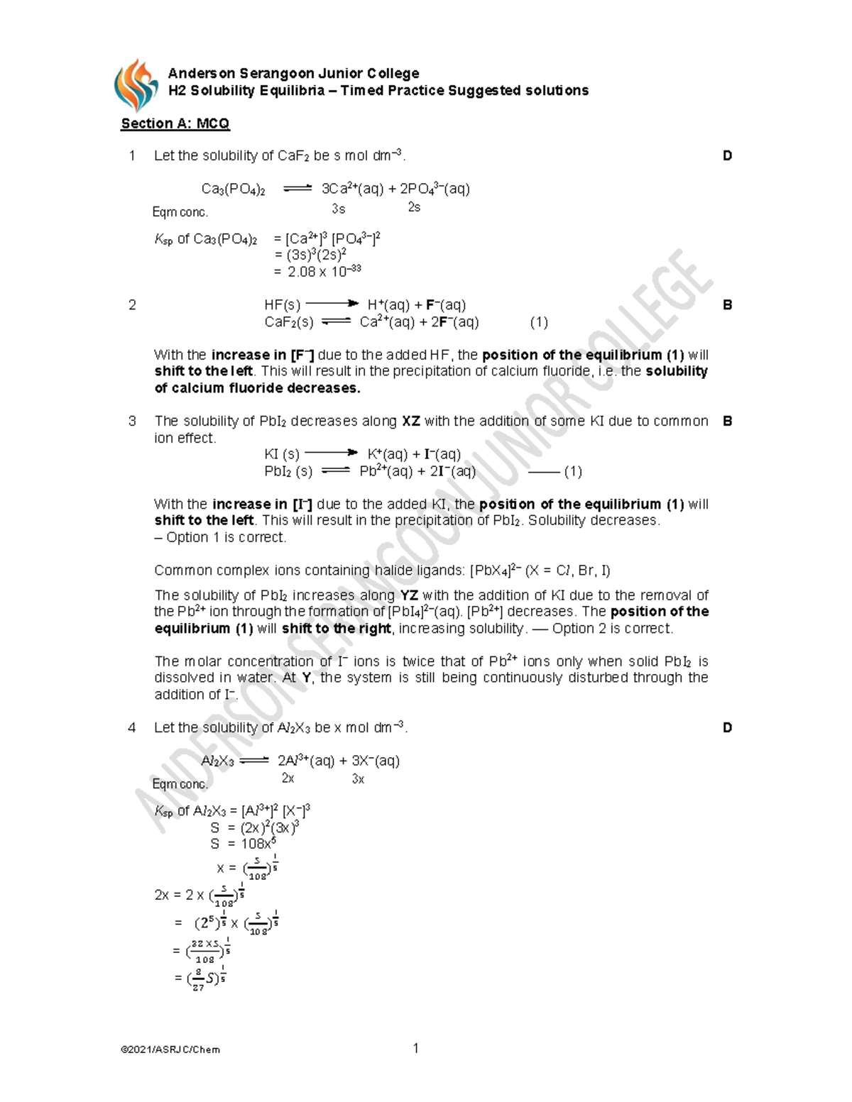 Solubility Eqm Timed Practice Suggested solutions - 1021 - TP - Studocu