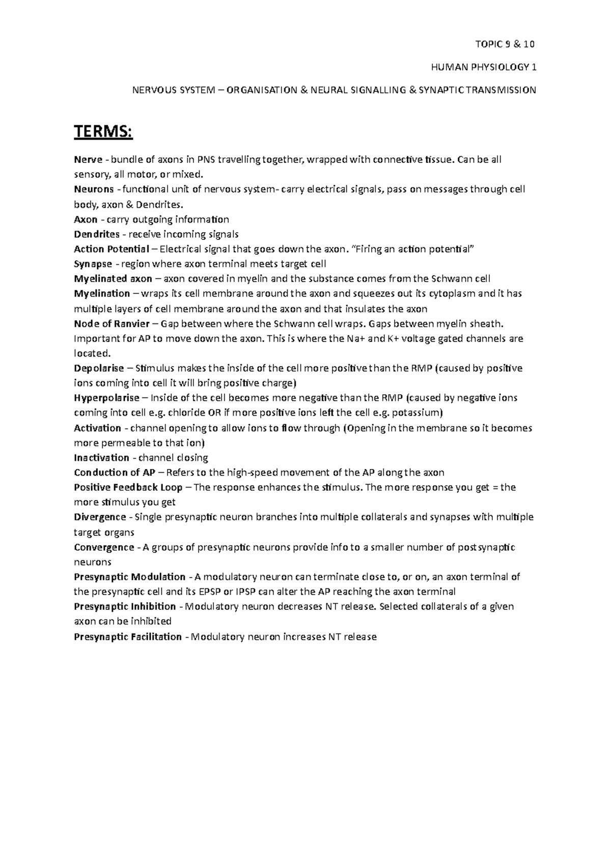 Topic 9 & 10 Summary Notes - HUMAN PHYSIOLOGY 1 NERVOUS SYSTEM ...