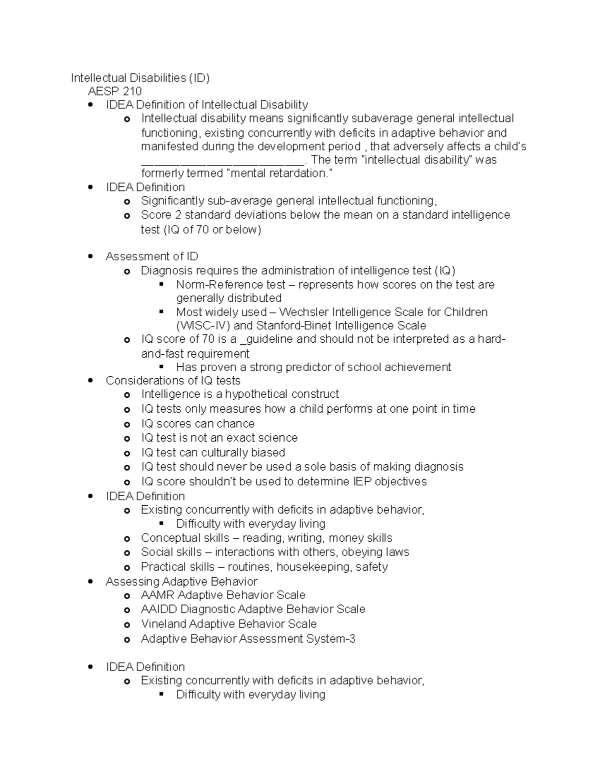 Intellectual Disability Characteristics Lecture Notes AESP 210 ...