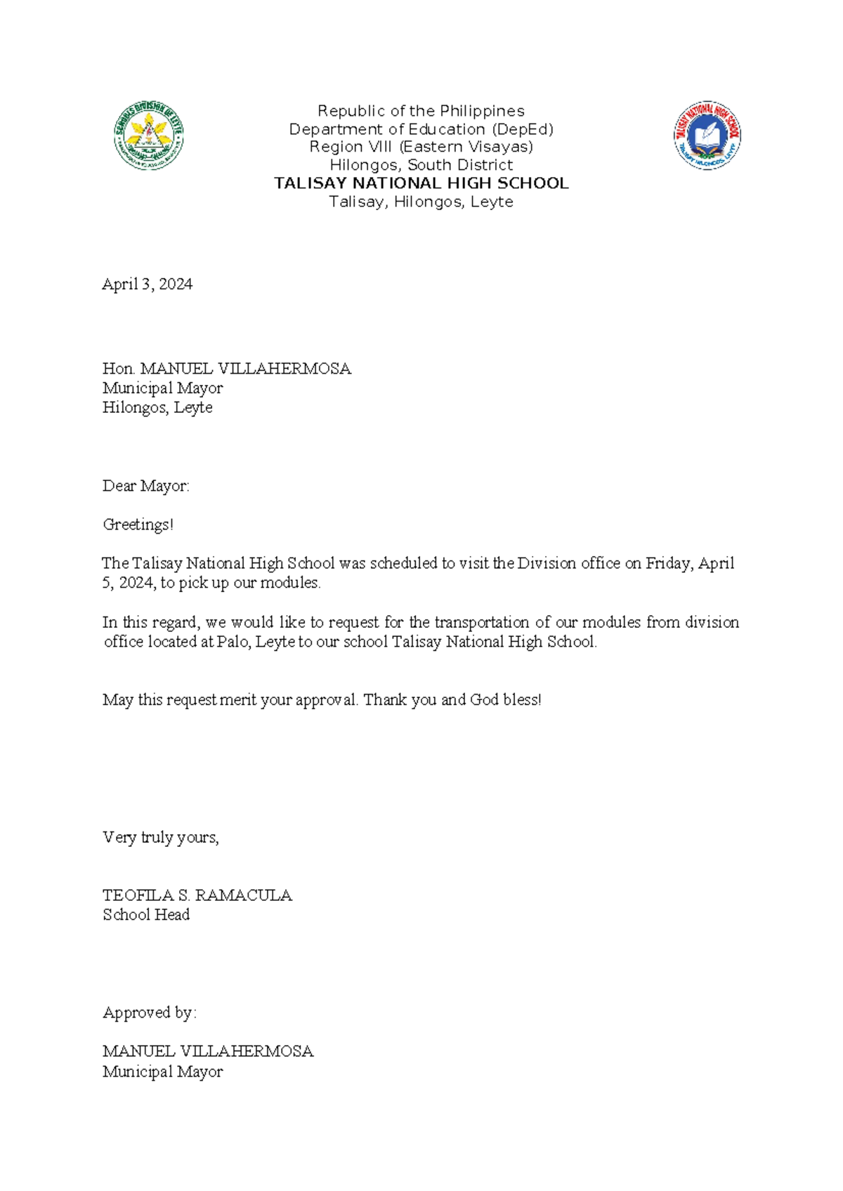 Request Letter - FWEGERGRE - Republic of the Philippines Department of ...