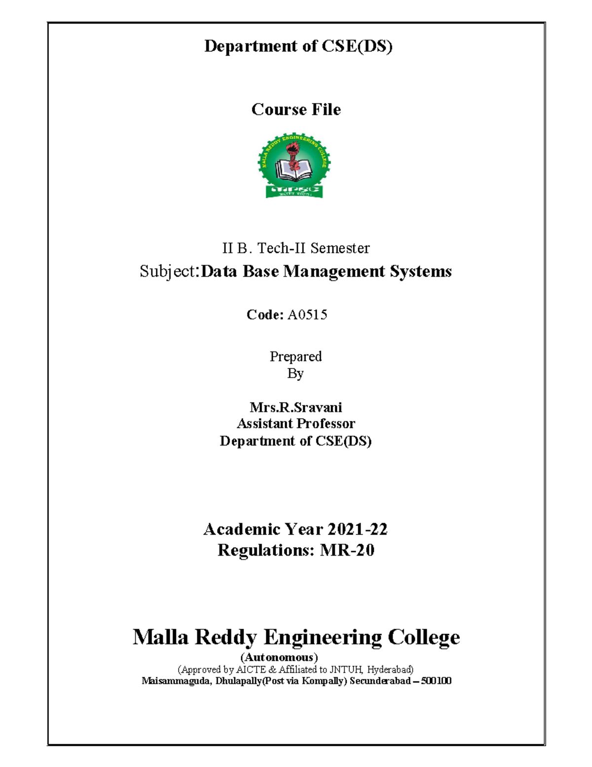 Dbms course file - GIVEN BY DR ATUL - Department of CSE(DS) Course File II B. Tech-II Semester ...
