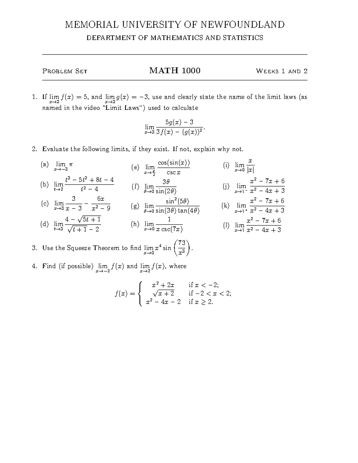 Problems Week 1-2 - MEMORIAL UNIVERSITY OF NEWFOUNDLAND DEPARTMENT OF ...