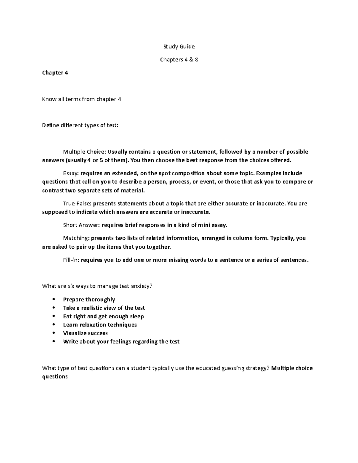 Study Guide chapterse 4 - Study Guide Chapters 4 & 8 Chapter 4 Know all ...