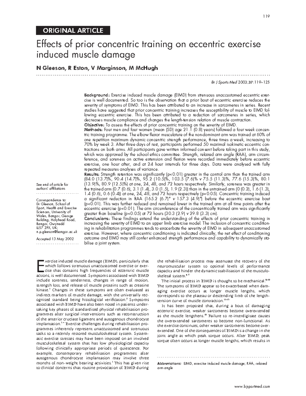 Effects of prior concentric training on eccentric exercise on muscle ...