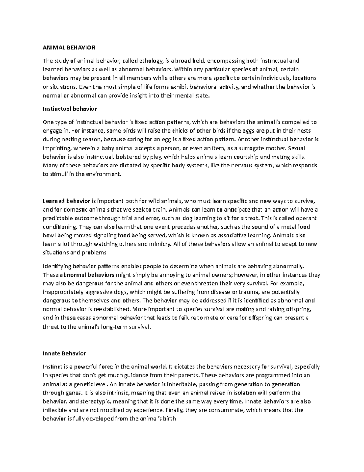 Animal behavior - Within any particular species of animal, certain ...