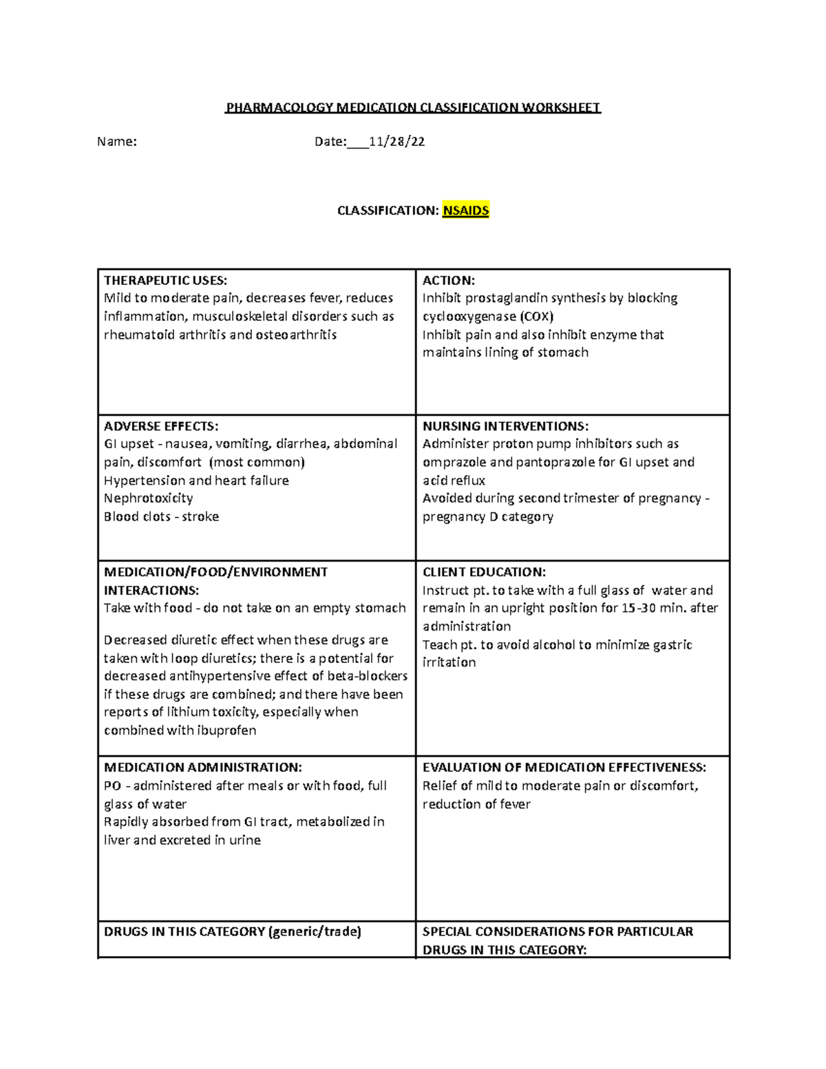 Pharmacology Medication Classification Worksheet Fall 2020 ...