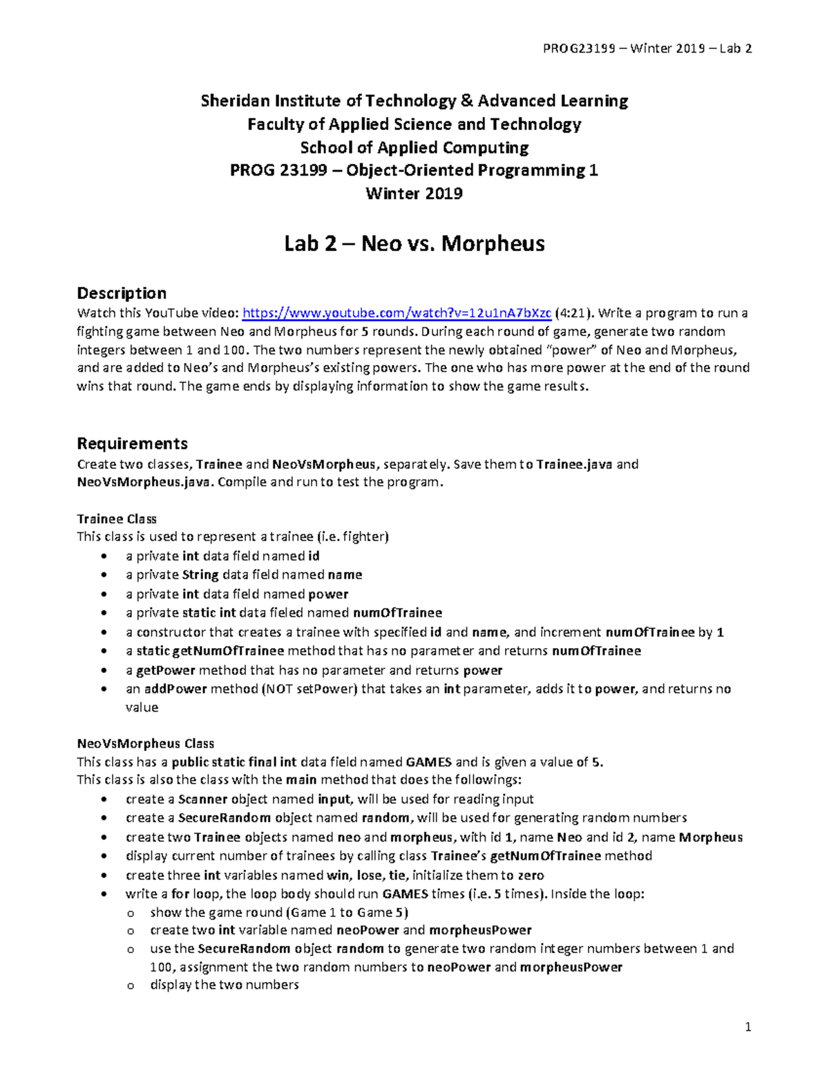 Prog23199 W19 Lab 2 Graded Prog23199 Winter 2019 Lab 2 1 Sheridan Institute Of