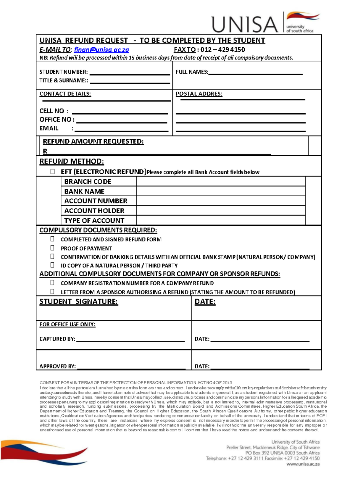 Tutorial letter 101 - UNISA REFUND REQUEST - TO BE COMPLETED BY THE ...