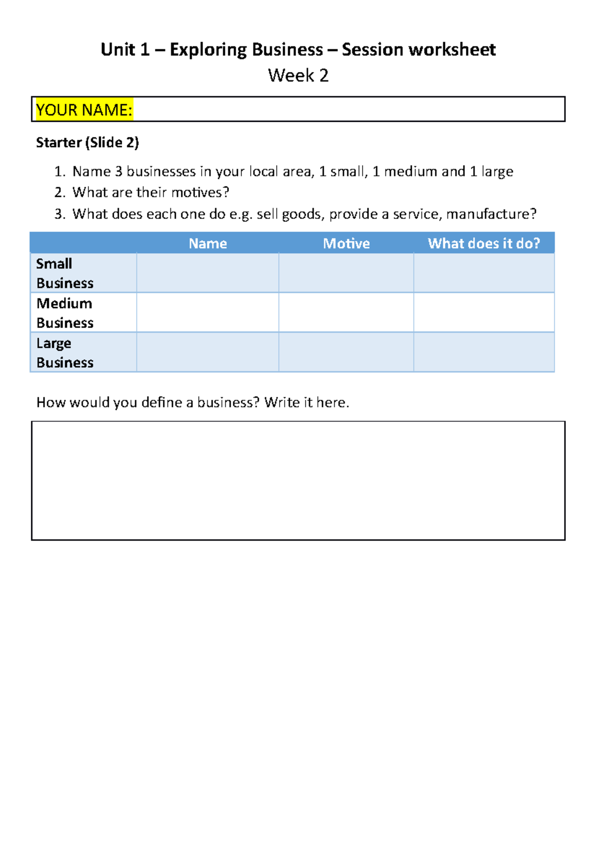 Week 2 - Session 2 - Exercise Sheet - Unit 1 – Exploring Business ...