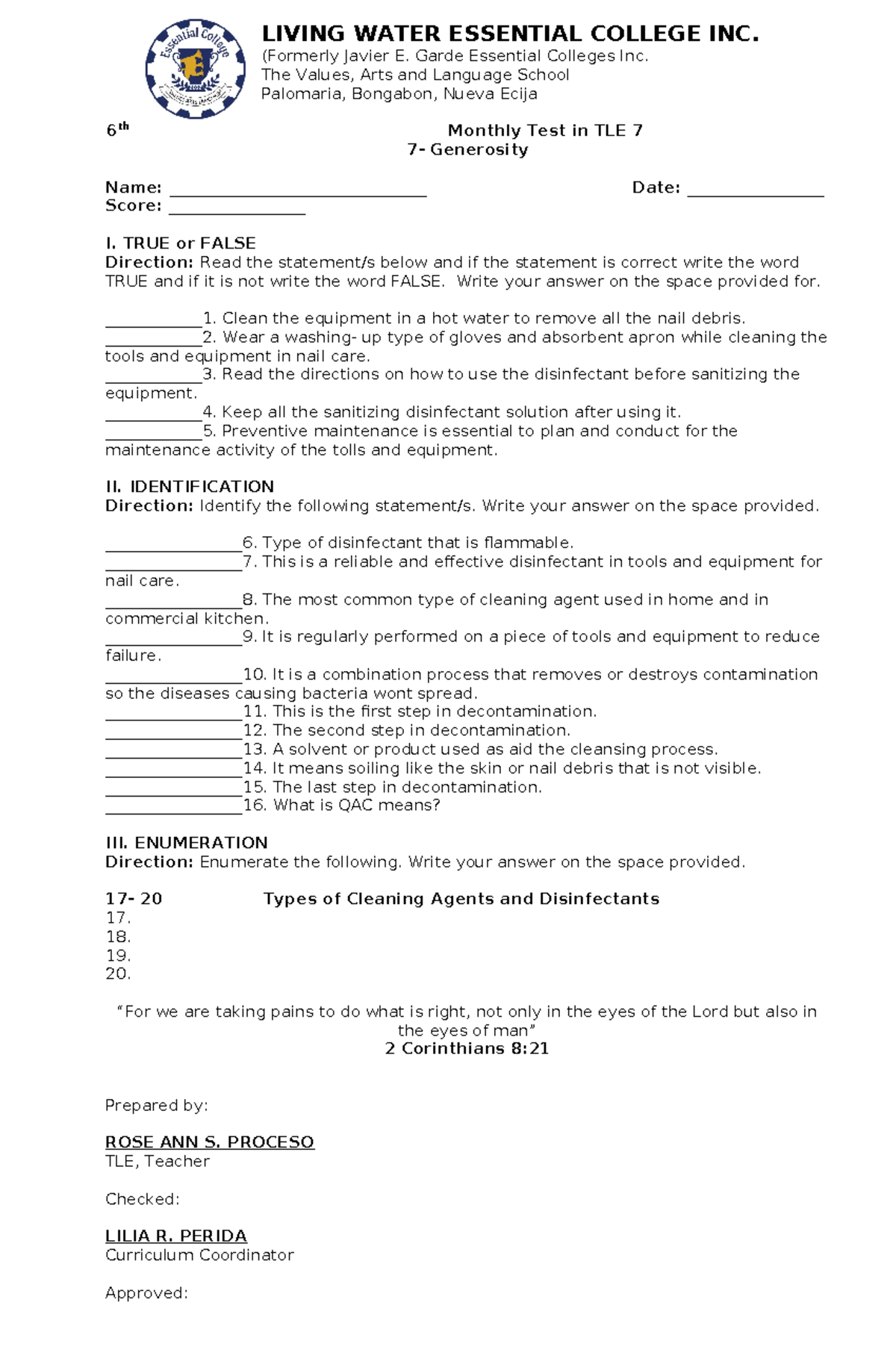 Curriculum Guide for TLE Grade 8 Cookery First Quarter with ...
