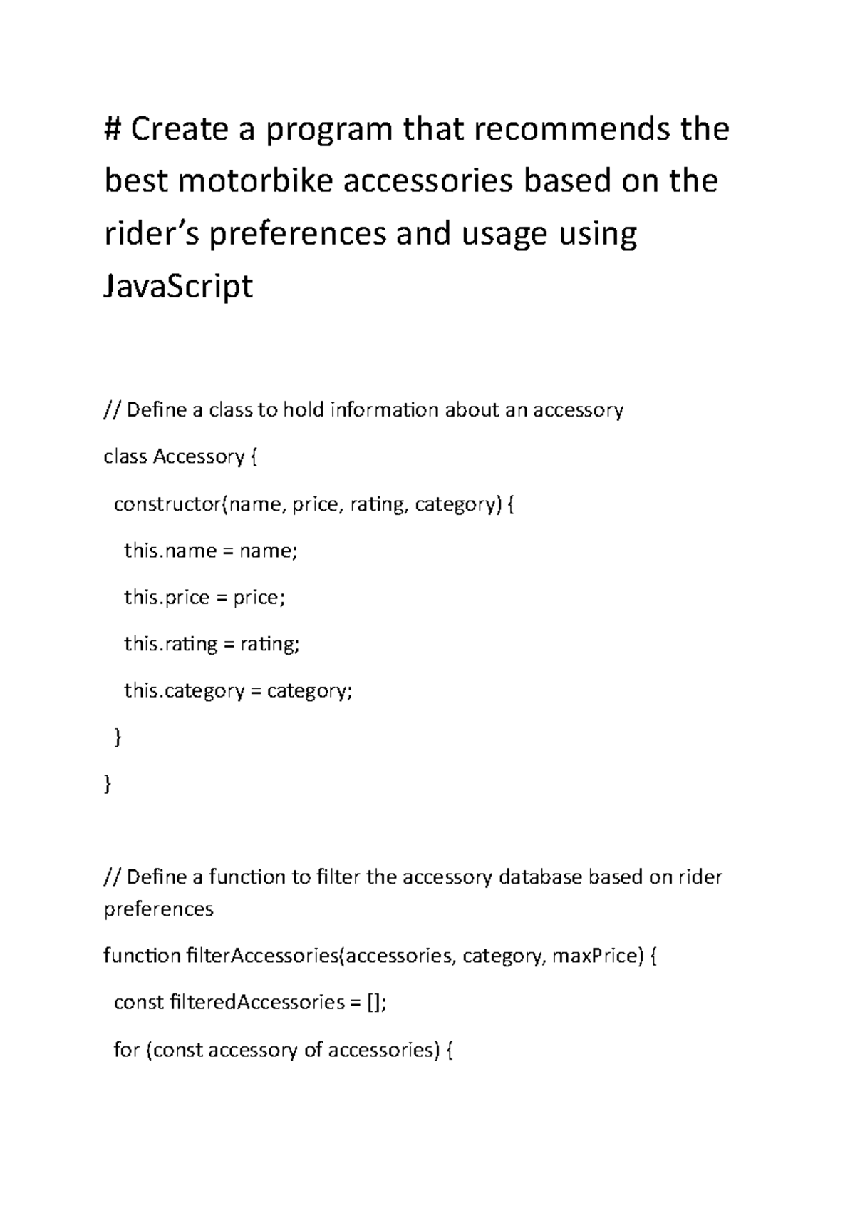 Create a program that recommends the best motorbike accessories based ...