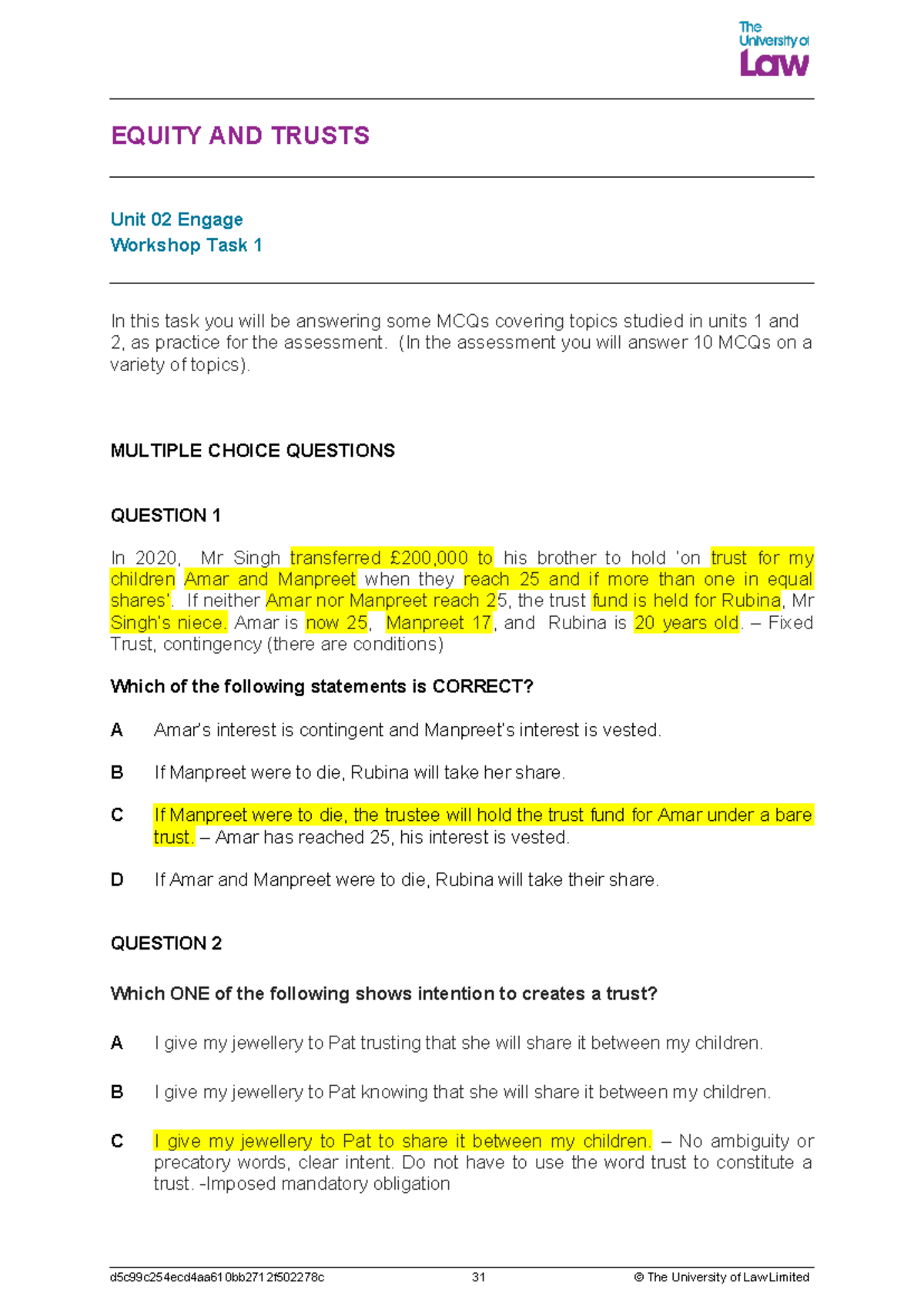 UNIT 2 MCQ'S Equity - .... - EQUITY AND TRUSTS Unit 02 Engage Workshop Task 1 In this task you ...
