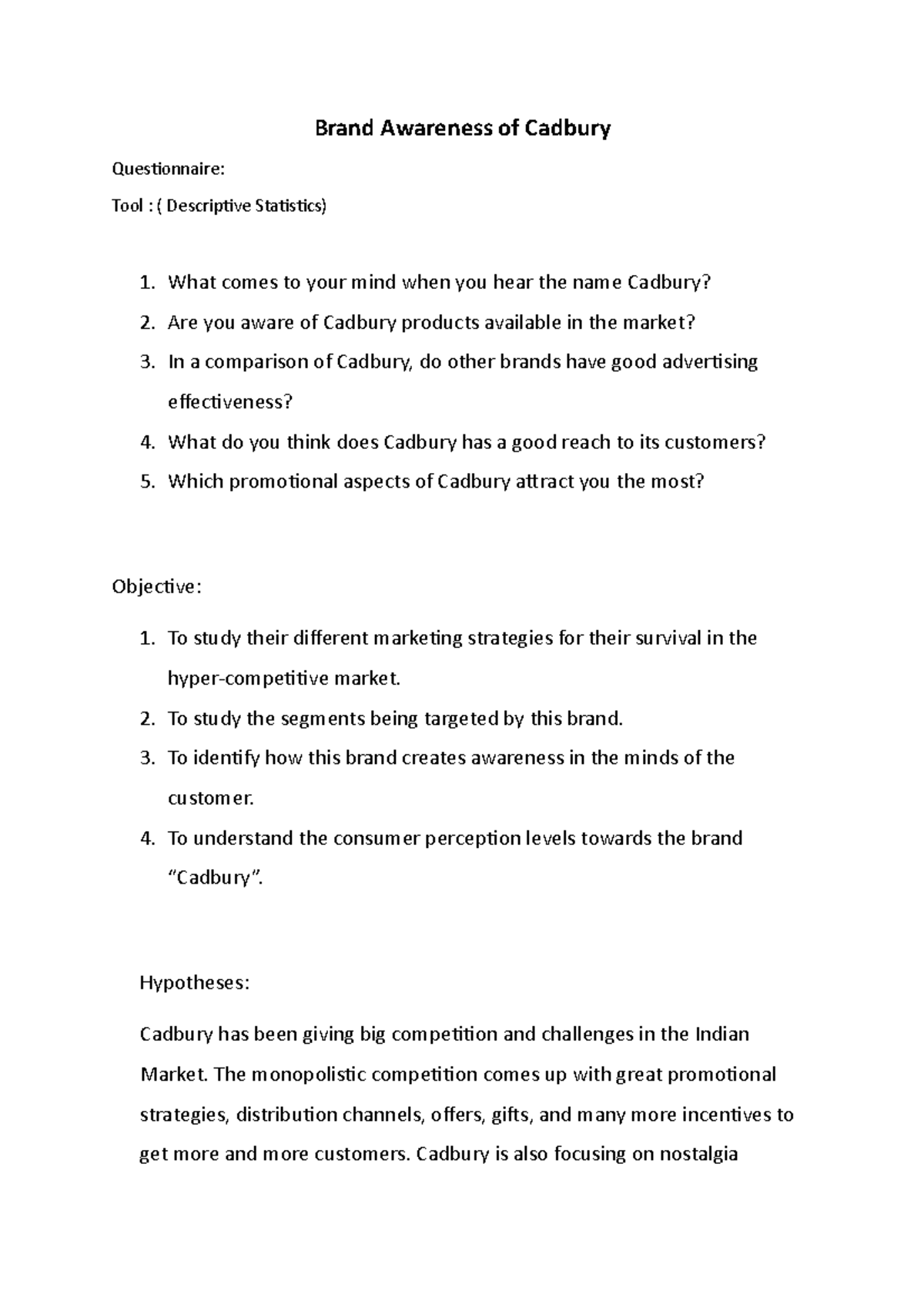 Parshva Shah Cadbury - Brand Awareness of Cadbury Questionnaire: Tool ...