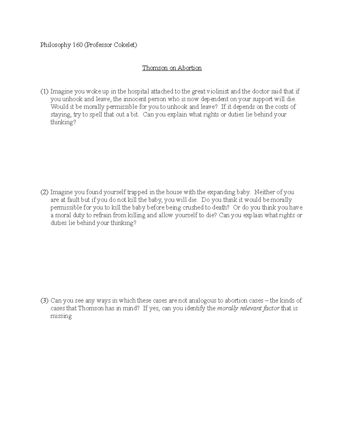 Thomson 1 TS - Notes for quizzes - Philosophy 160 (Professor Cokelet ...