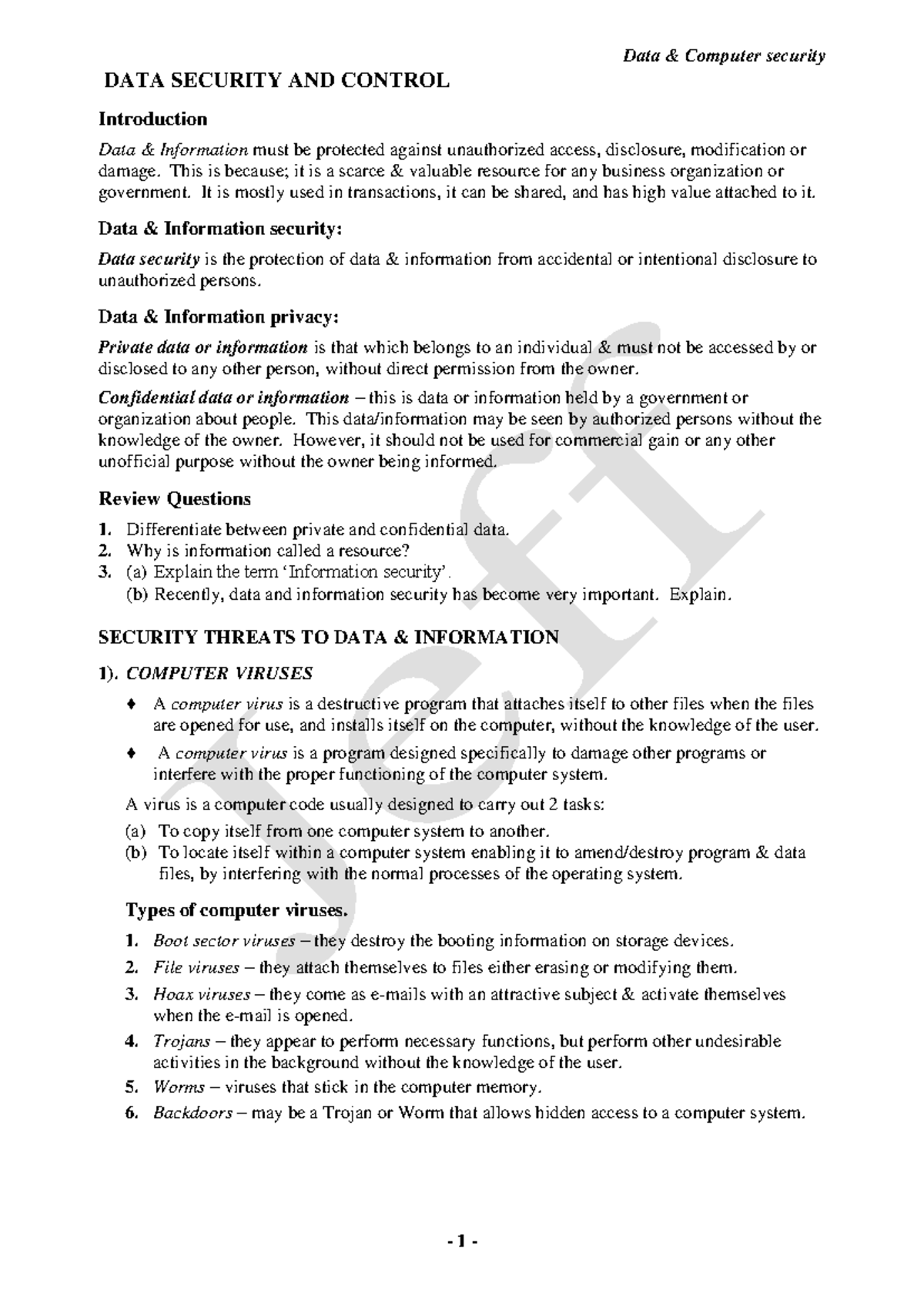 Data security Notes - DATA SECURITY AND CONTROL Introduction Data ...