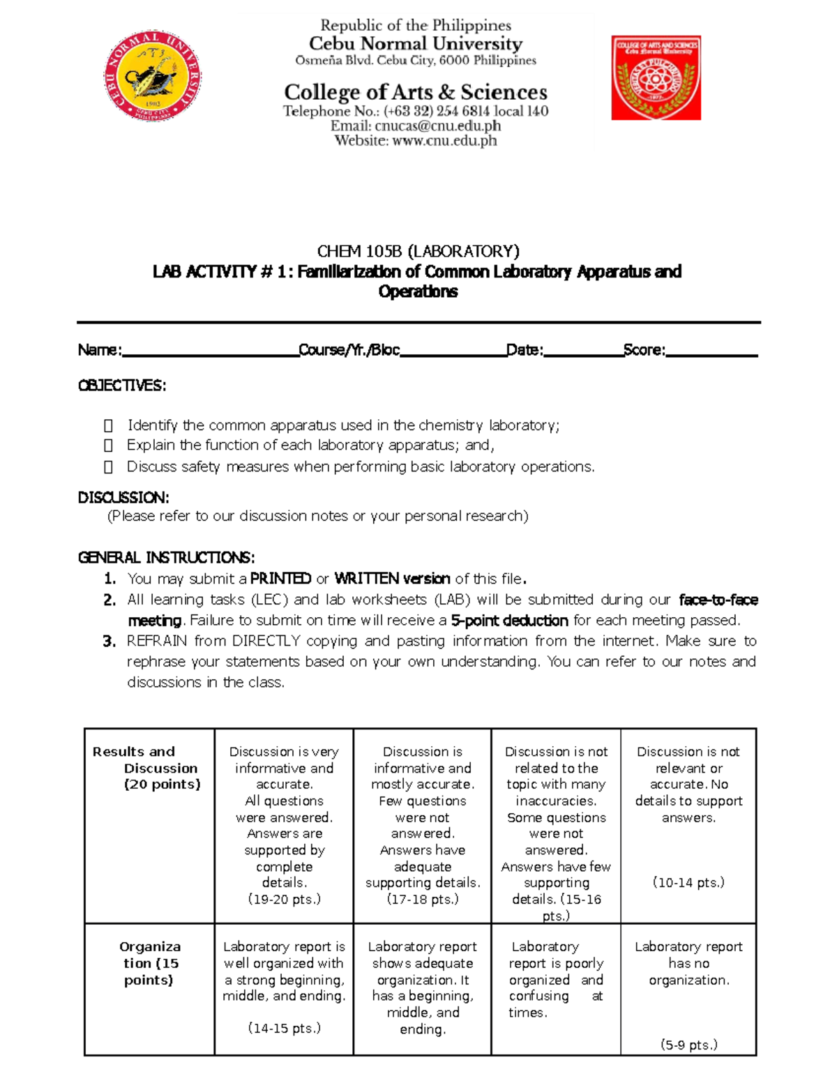 Report Sheet 1 LAB Familiarization of Laboratory Apparatus and ...