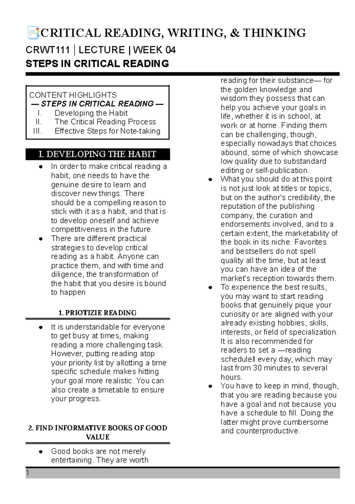 CRWT111 WEEK 04 - Transes for Critical reading, writing, thinking - 📑 ...