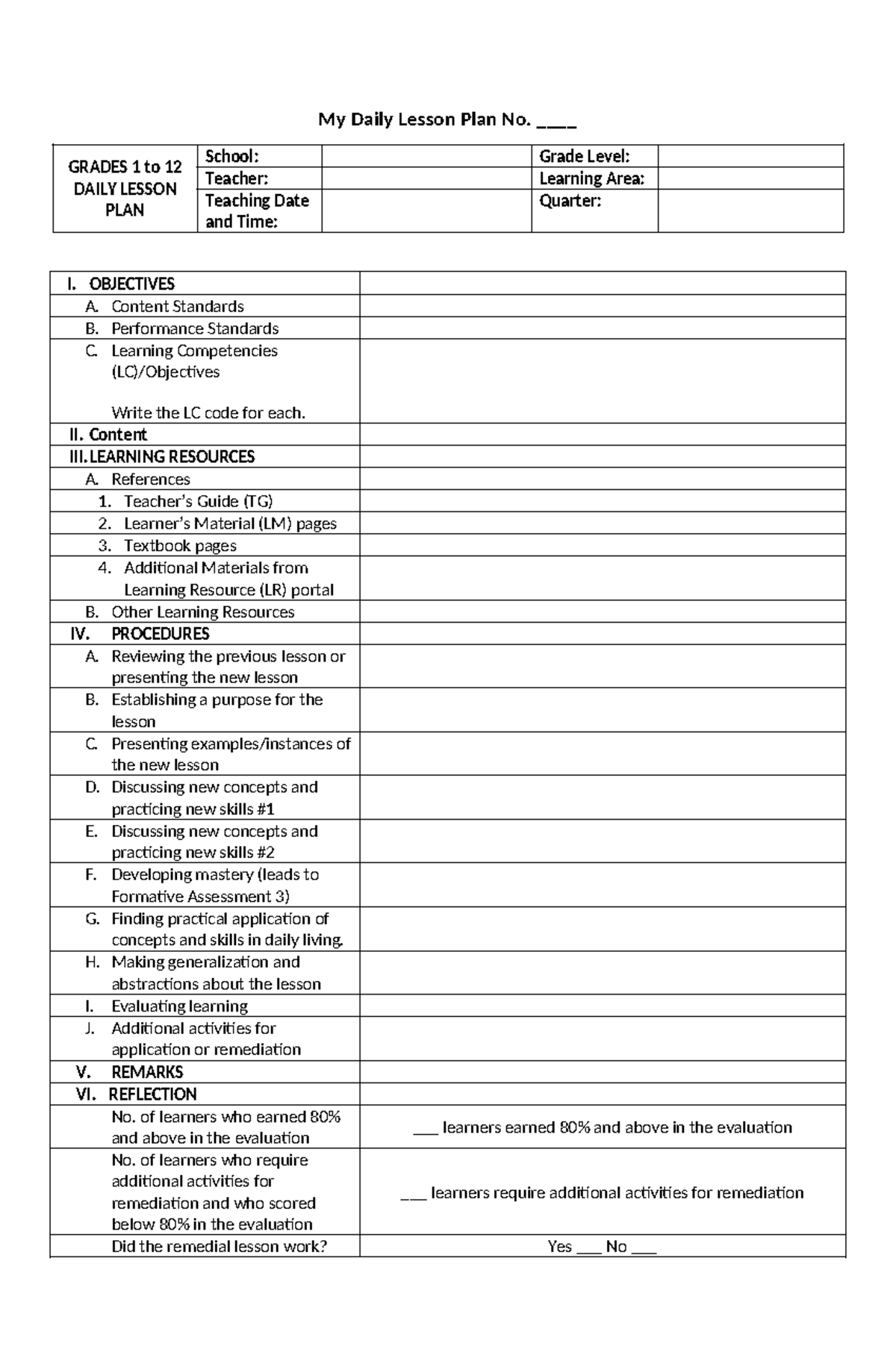 My Daily Lesson Plan No - ____ GRADES 1 to 12 DAILY LESSON PLAN School ...