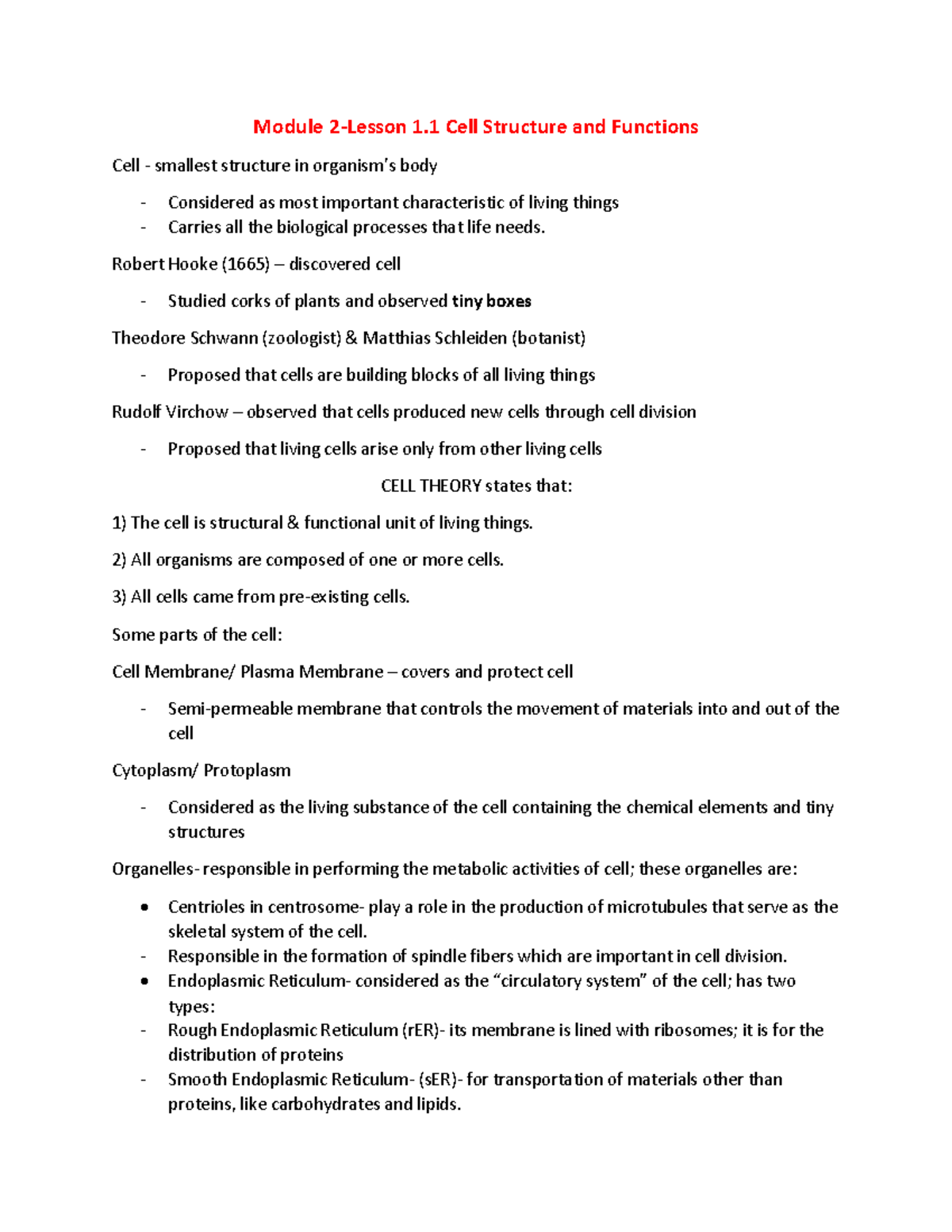 Module 2-Lesson 1.1 Cell Structure and Functions - Module 1 Cell ...