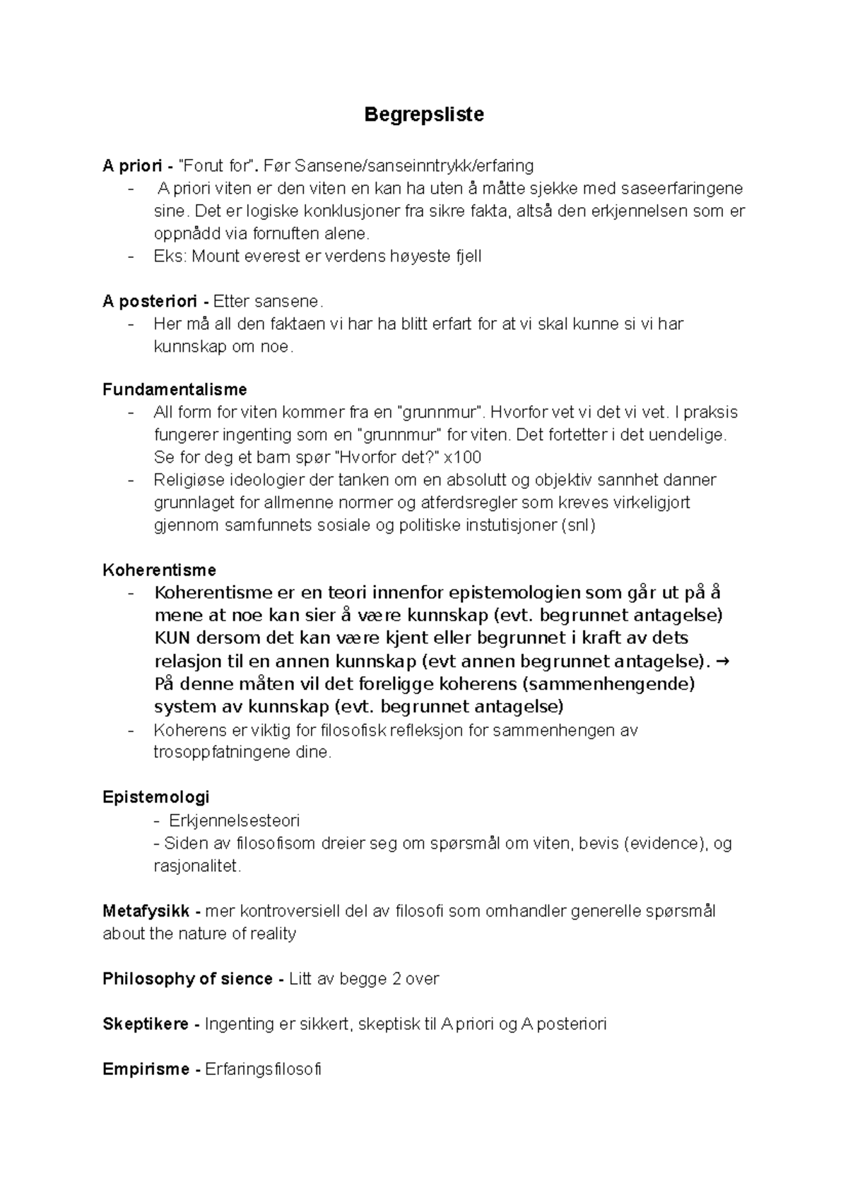 Begrepsliste til kunnskapsteori og vitenskapsfilosofi, fil-100 - Begrepsliste A priori - “Forut ...